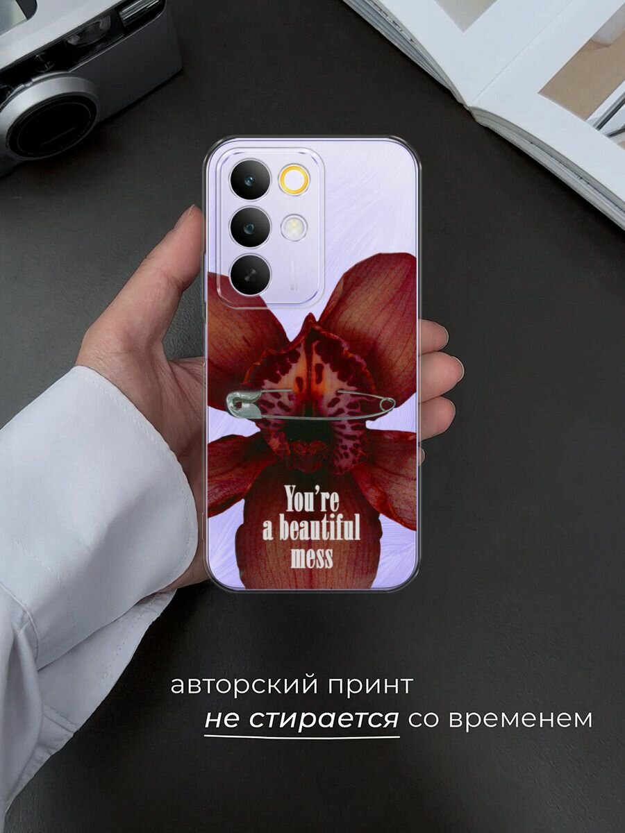 Чехол на Realme C85 / Реалми C85 с принтом Красная орхидея с булавкой 3, прозрачный — фото 1