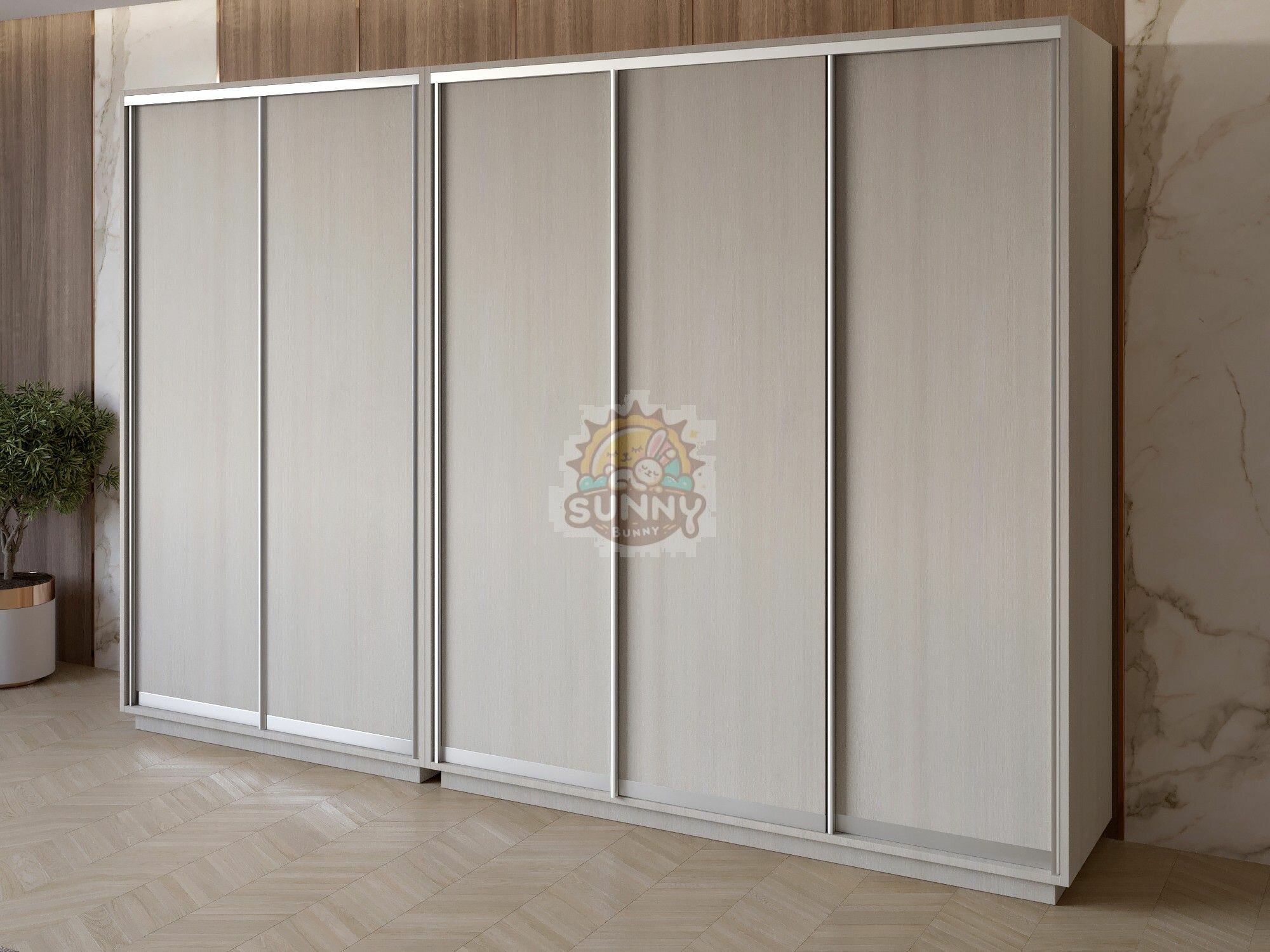 Шкаф-купе Вилли 5-ти дверный модульный (2+3) ЛДСП, профиль серебро, 300х60х240 см. Ясень Анкор светлый