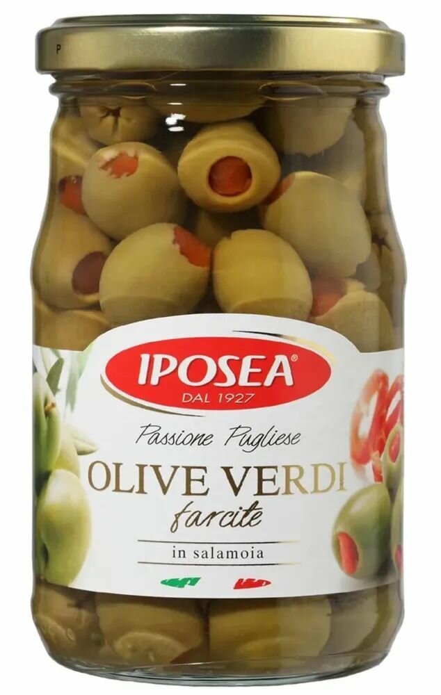 Оливки IPOSEA, с перцем, в стеклянной банке, без ГМО, 290 гр