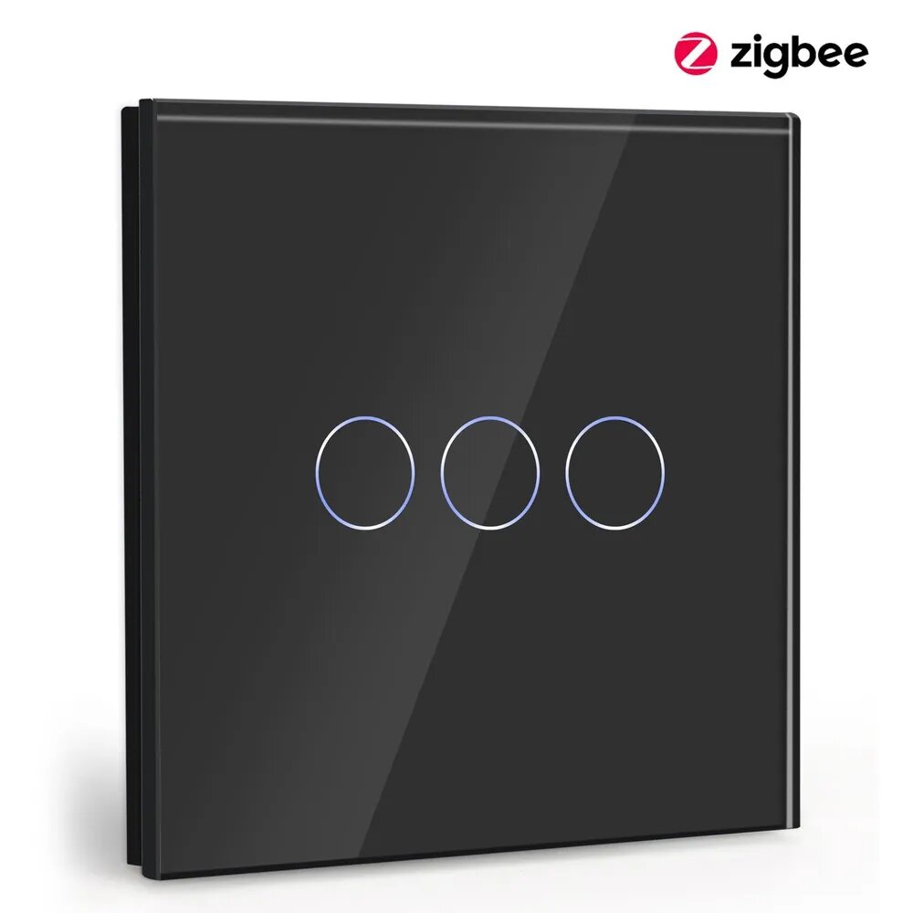 Сенсорный выключатель Zigbee трехклавишный стеклянная панель черная без нуля