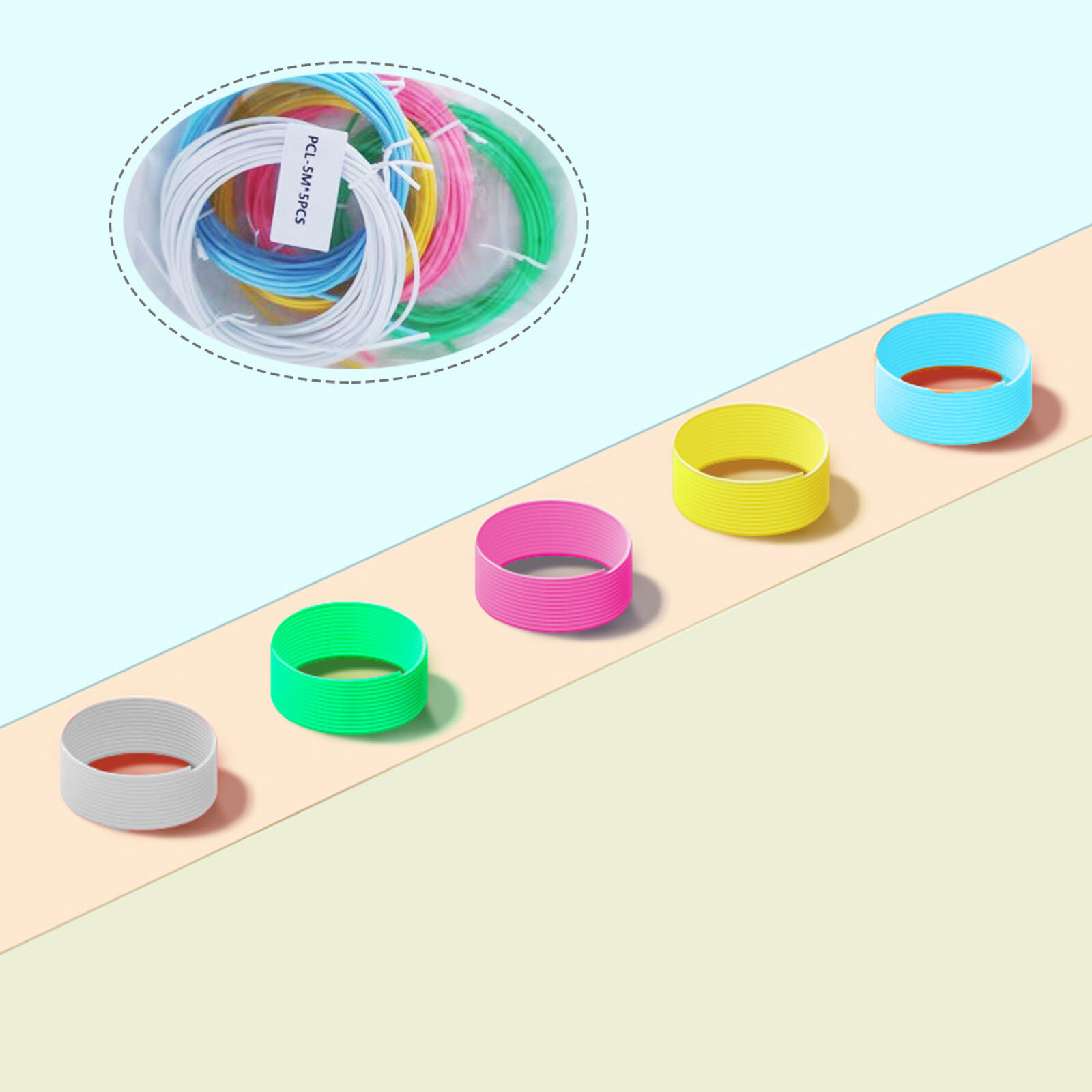 Проволока для 3D-ручки 1.75 мм, ПКЛ, температура плавления 40°С, набор из 5 цветов, длина каждого цвета 5 метров (16.4 фута)