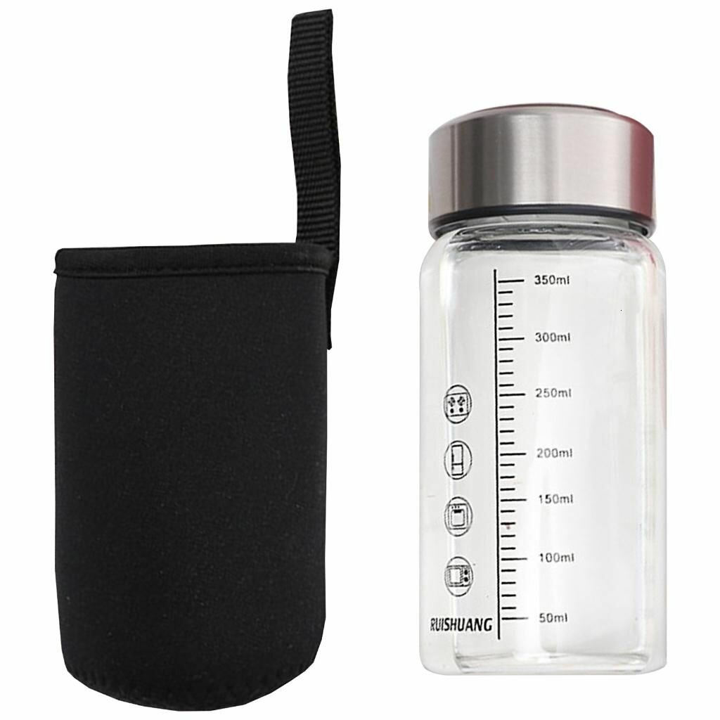 Стеклянная бутылка для воды 350 мл с противоударным дизайном и мерной шкалой для дома, Черный