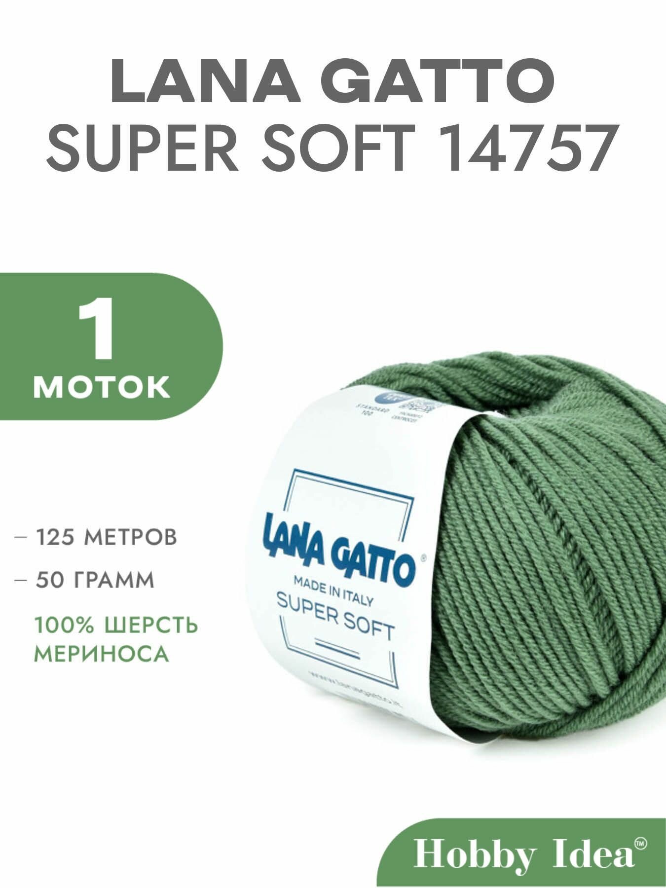 Пряжа меринос Lana Gatto Super Soft 14757 Пыльный зелёный 1 моток (Нитки на шапку Лана Гатто Супер Софт)