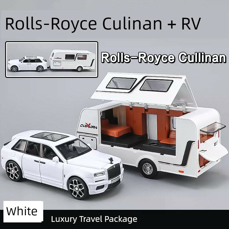 Подлинная модель Rolls-Royce Cullinan из сплава с съемным прицепом-караваном, идеальная для детей, белого цвета