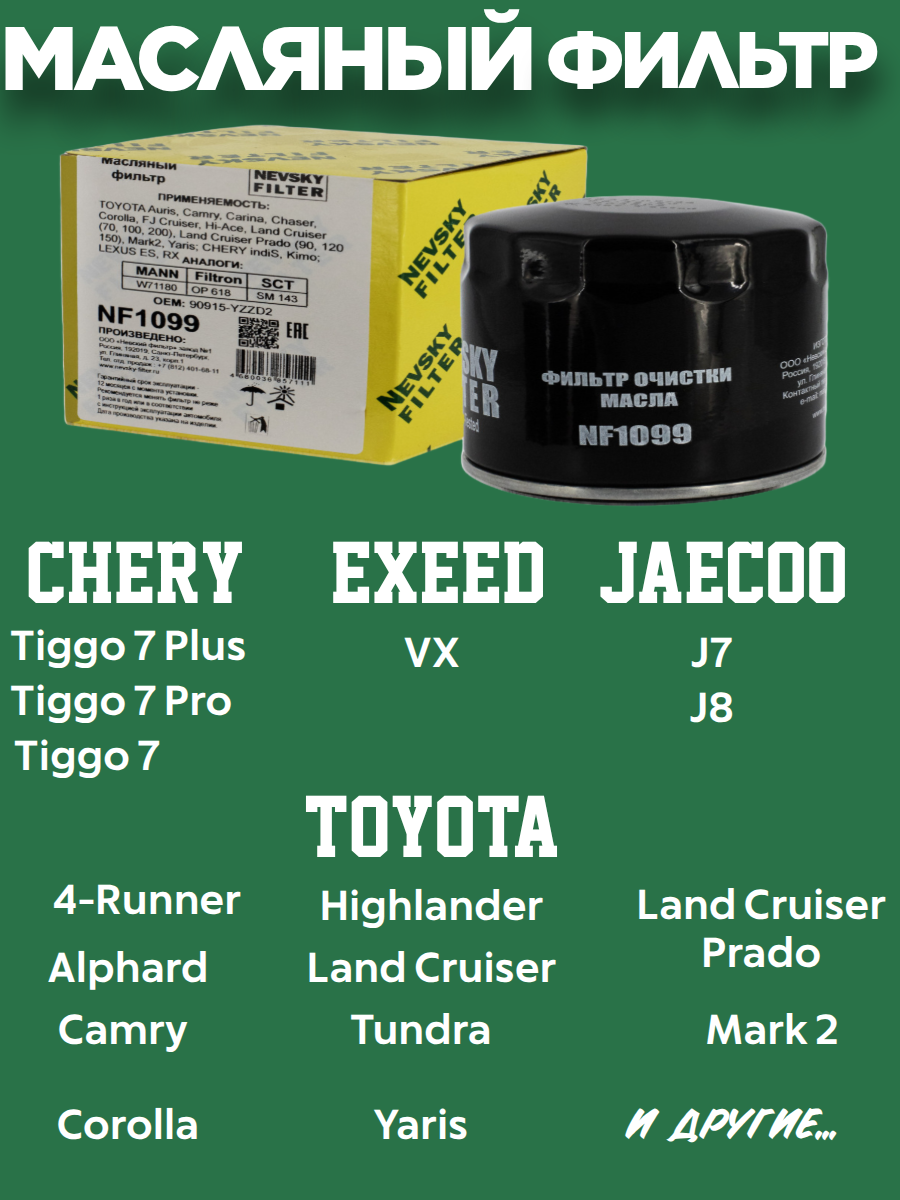 Фильтр масляный Toyota; Lexus; Chery; Exeed; Jaecoo; Volkswagen; Daihatsu.