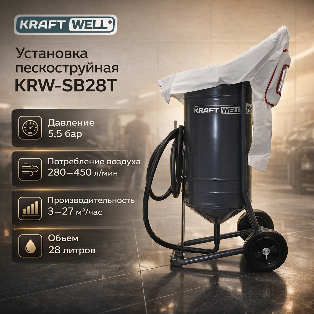 Установка пескоструйная 28 л открытый бак KRAFTWELL KRW-SB28T,
