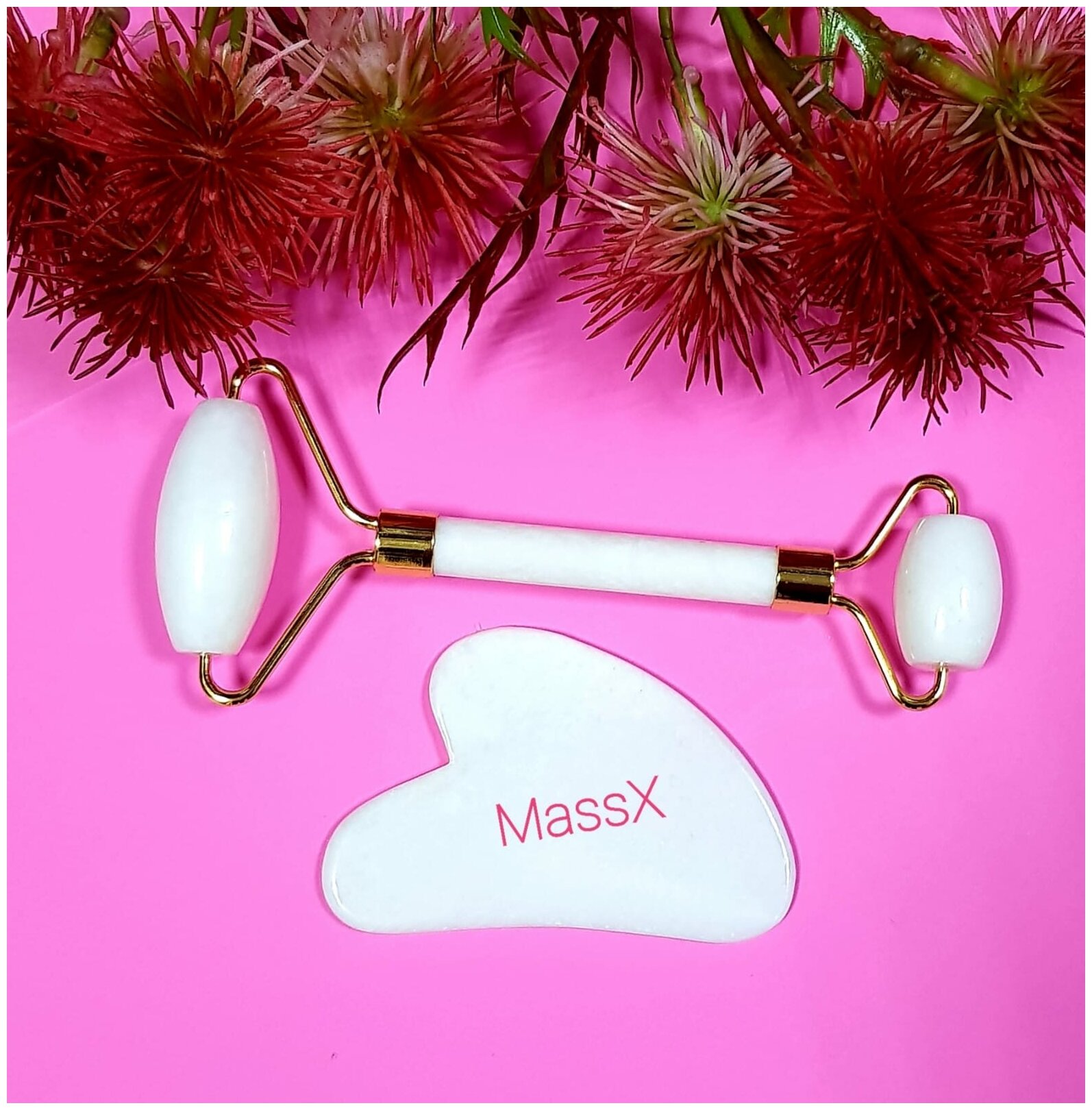 Роликовый массажер для лица. Набор: Роллер и скребок Гуаша белый Агат