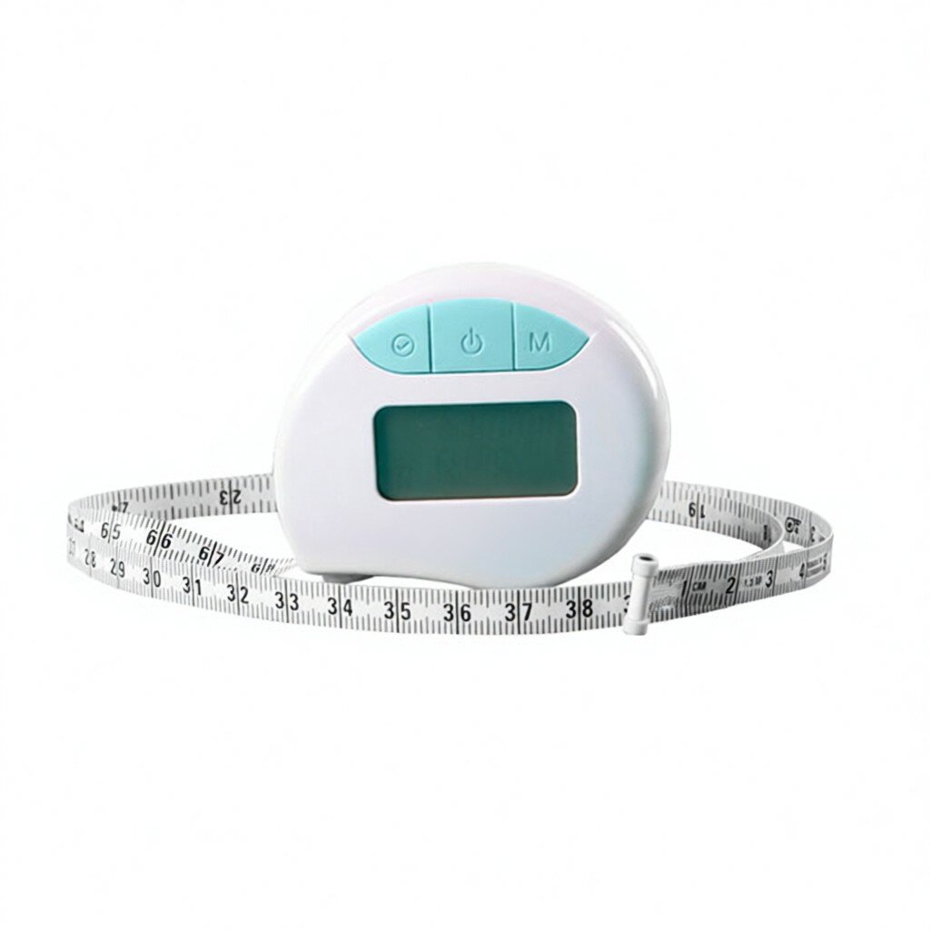 Линейка цифровая для измерения окружностей телесных частей с дисплеем, записывающим результаты, синий цвет, материал PC+ABS, единицы измерения дюймы/сантиметры, диапазон 2-59 дюймов (5-150 см), точность 2‰, разрешение 0.1 см, батарейка