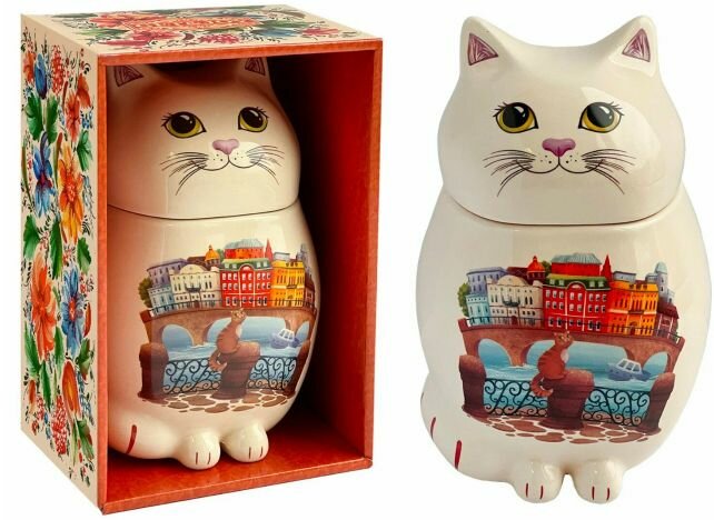 Чай GET&JOY Кот - Цветной город, черный, керамическая чайница, 50 гр