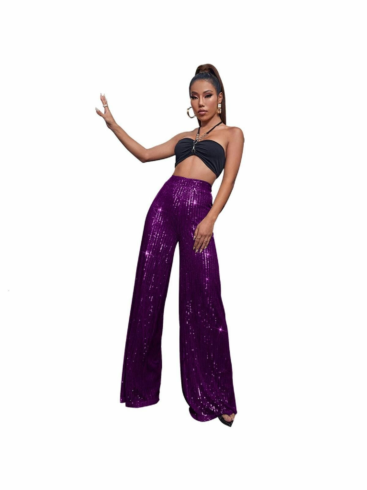 Блестящие женские брюки-клеш, Фиолетовый - L