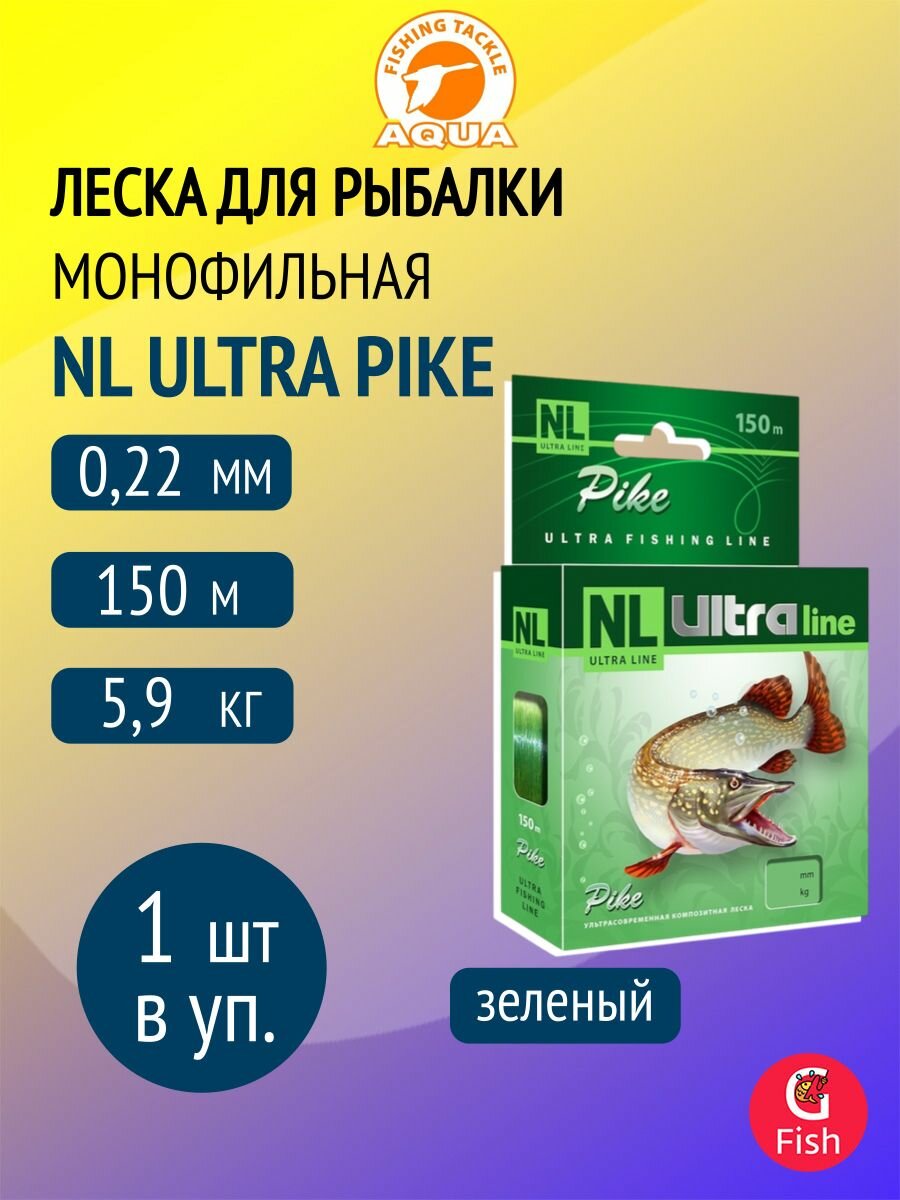 Монофильная леска для рыбалки AQUA NL ULTRA PIKE (Щука) 150m 0,22mm ( 1 штука )