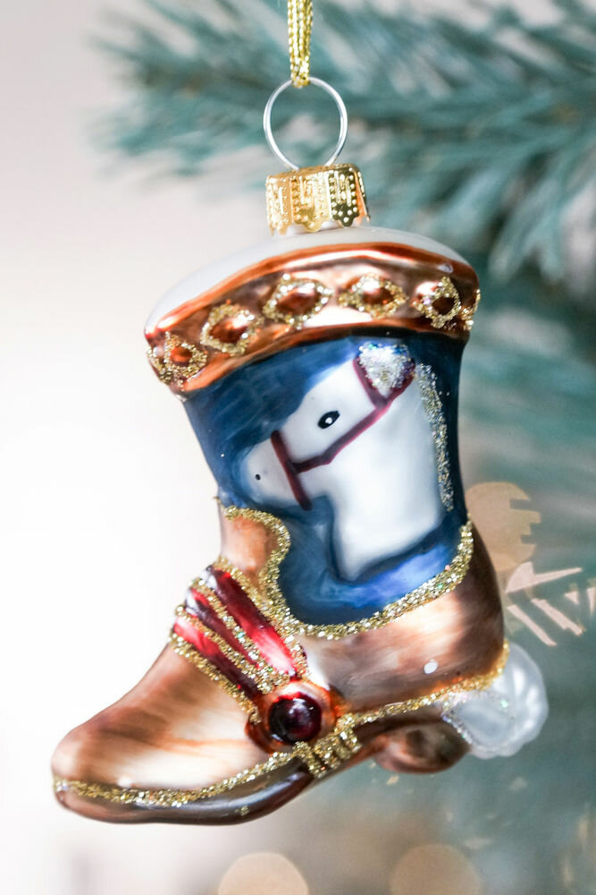 Ёлочная игрушка жокейский сапожок, стекло, синий, 8 см, Винтер Деко (Winter Deco) 5030101