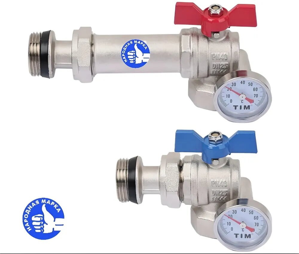 Кран шаровой угловой с полусгоном и термометром для коллекторных групп (пара)1" TIM М329-4