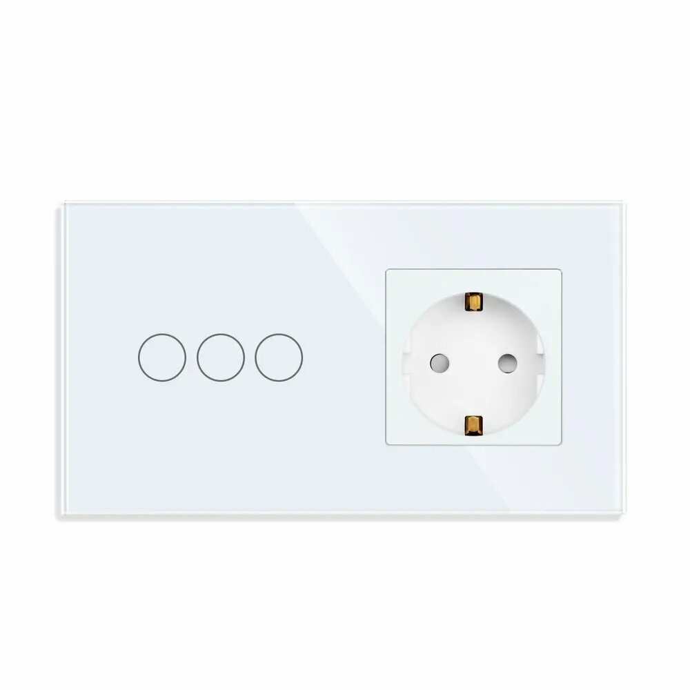 Сенсорный выключатель с розеткой 3 клавиша 1 розетка, 2 поста панель стекло Белый