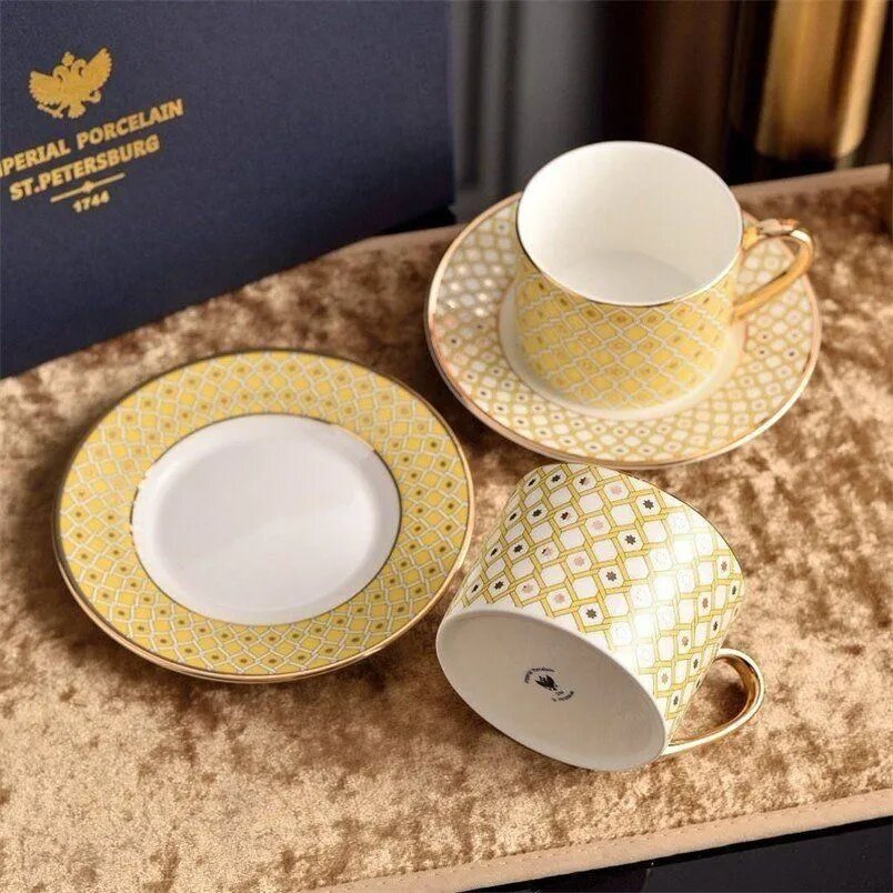 Imperial Porcelain St. Petersburg Чайная чашка 200 мл 5 шт. Костяной фарфор Желтый геометрический рисунок — фото 1