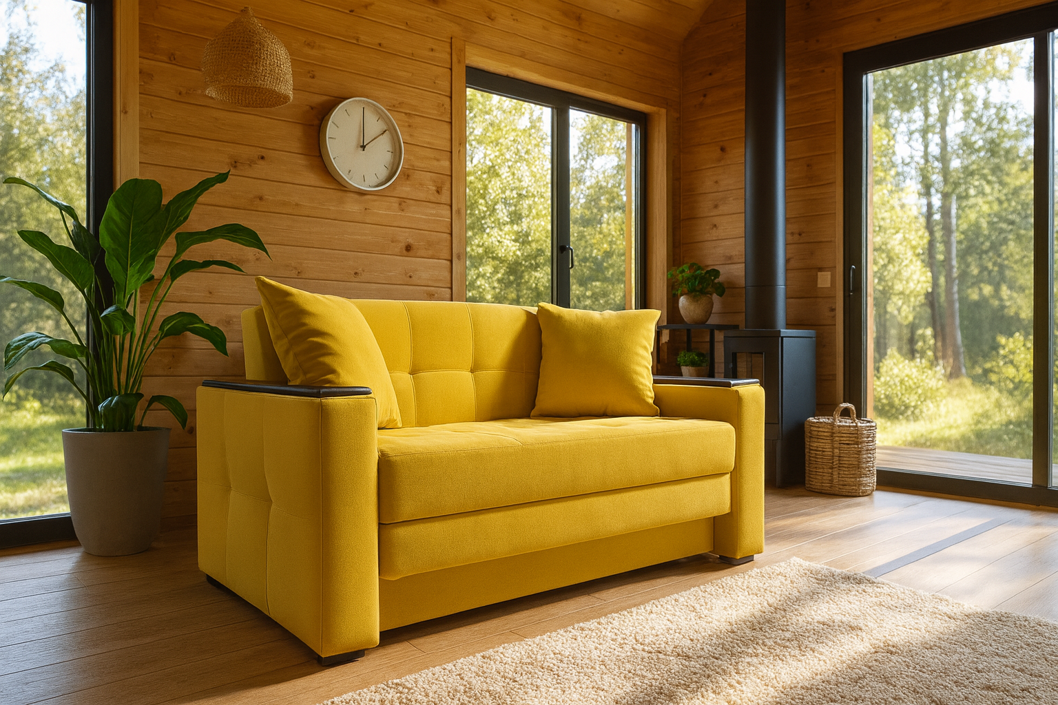 Раскладной диван "Этрик МДФ Мини" ДиванРус, 130*82 см, спальное 100*195 см, желтый велюр, евро-аккордеон