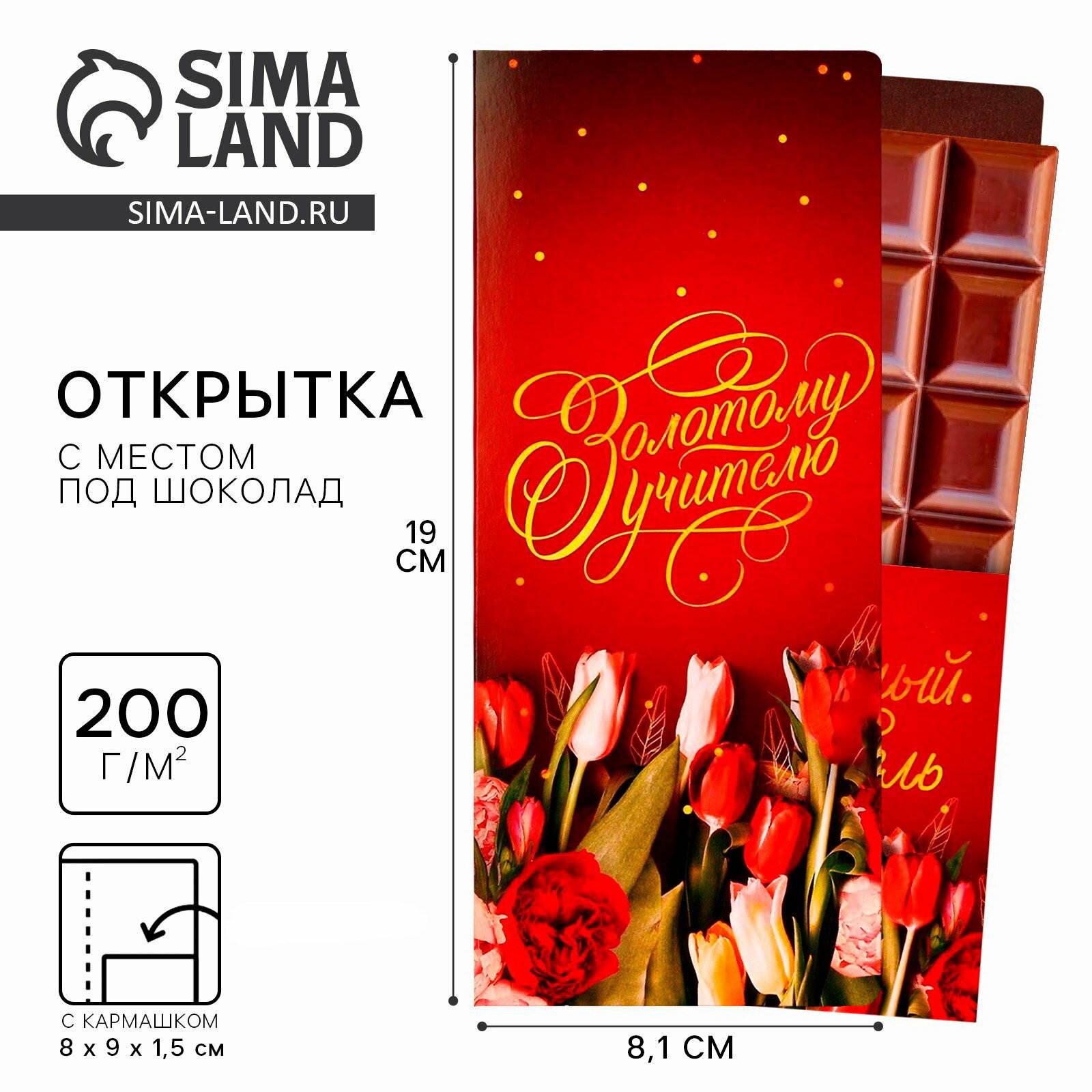 Открытка с местом под шоколадку "Золотому учителю", размер 19 см x 8.1 см, плотность 200 г, 5 шт.