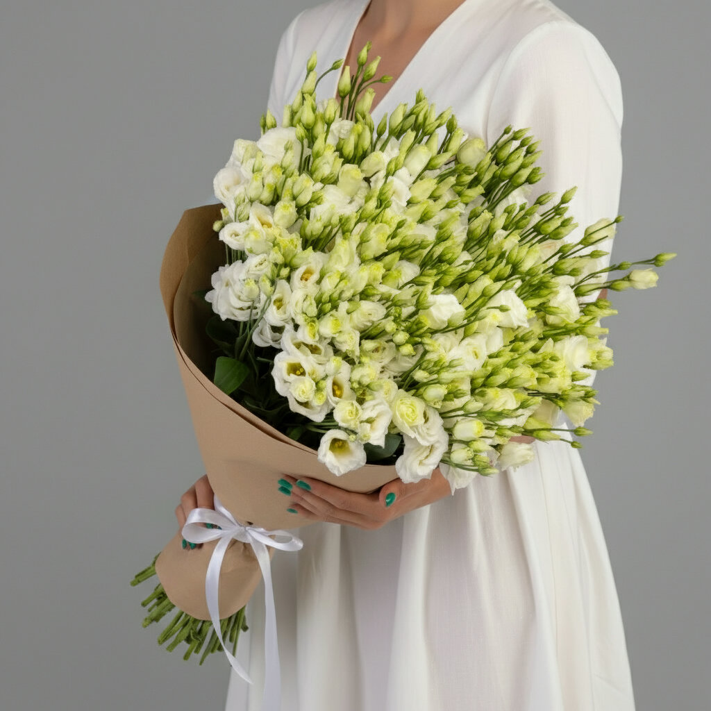 Букет Мегацвет24, Белые Эустомы, 35 цветов, сборка под ленту