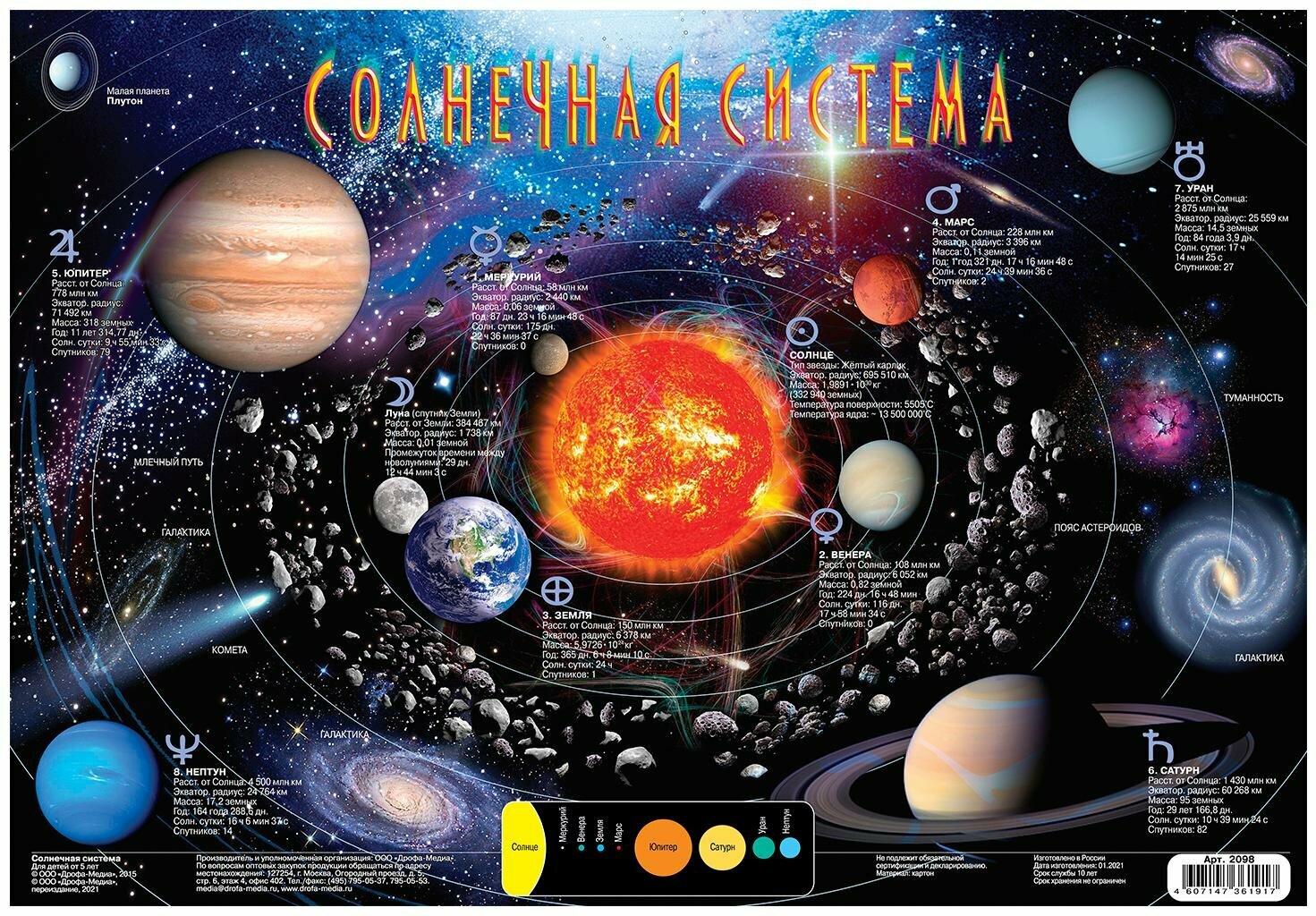 Плакат "Солнечная система" для детей 5-10 лет, развивающий, Дрофа-Медиа, картон