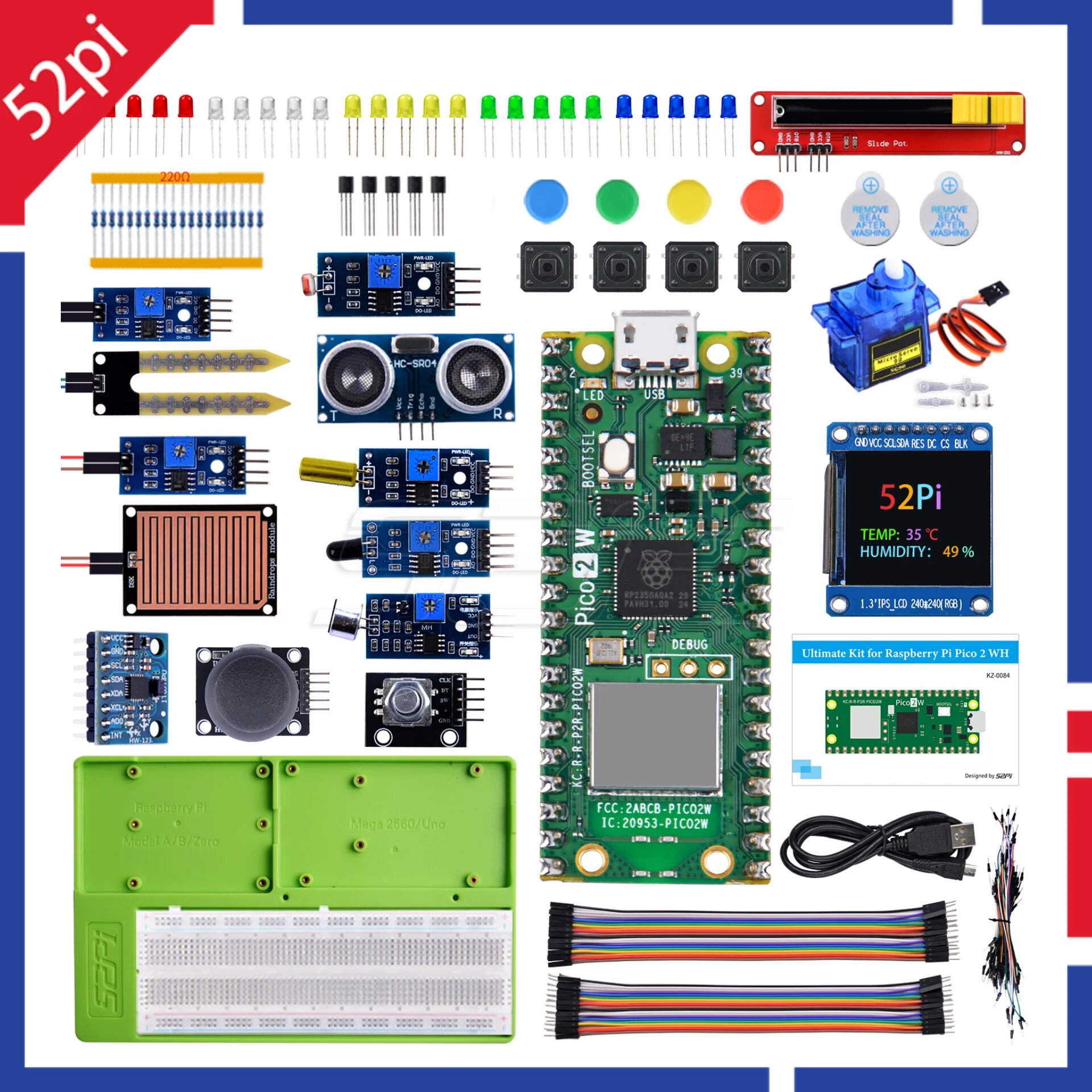 52Pi Raspberry Pi Pico 2 WH Ultimate Стартовый комплект для программирования, макетная плата, светодиодный датчик, сделай сам