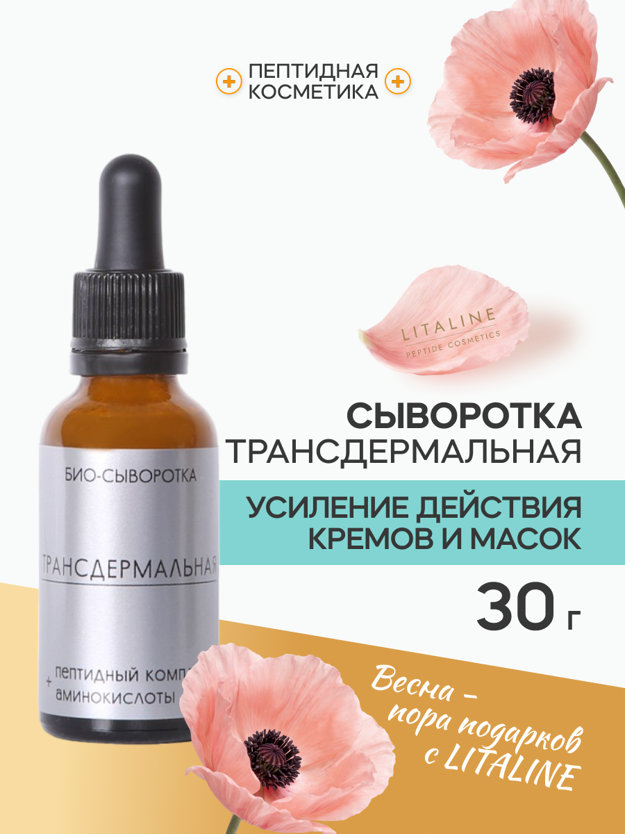 LITALINE Трансдермальная Сыворотка с Коэнзимом Q10 и Пептидами, усиление эффекта кремов и масок, антивозрастная, антиоксидант, 30мл