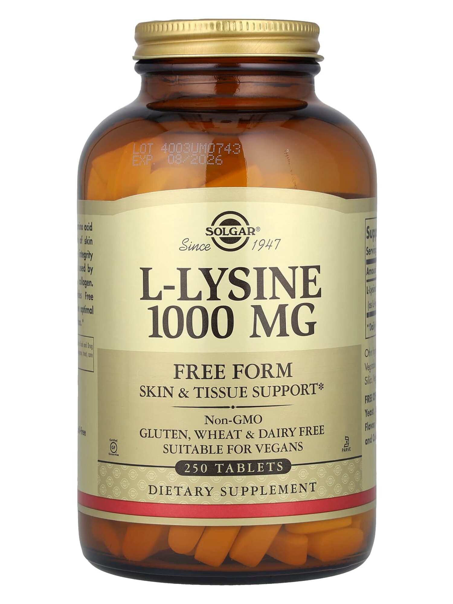 Solgar L-Lysine, L-Лизин, аминокислота, 1000 мг 250 таблеток