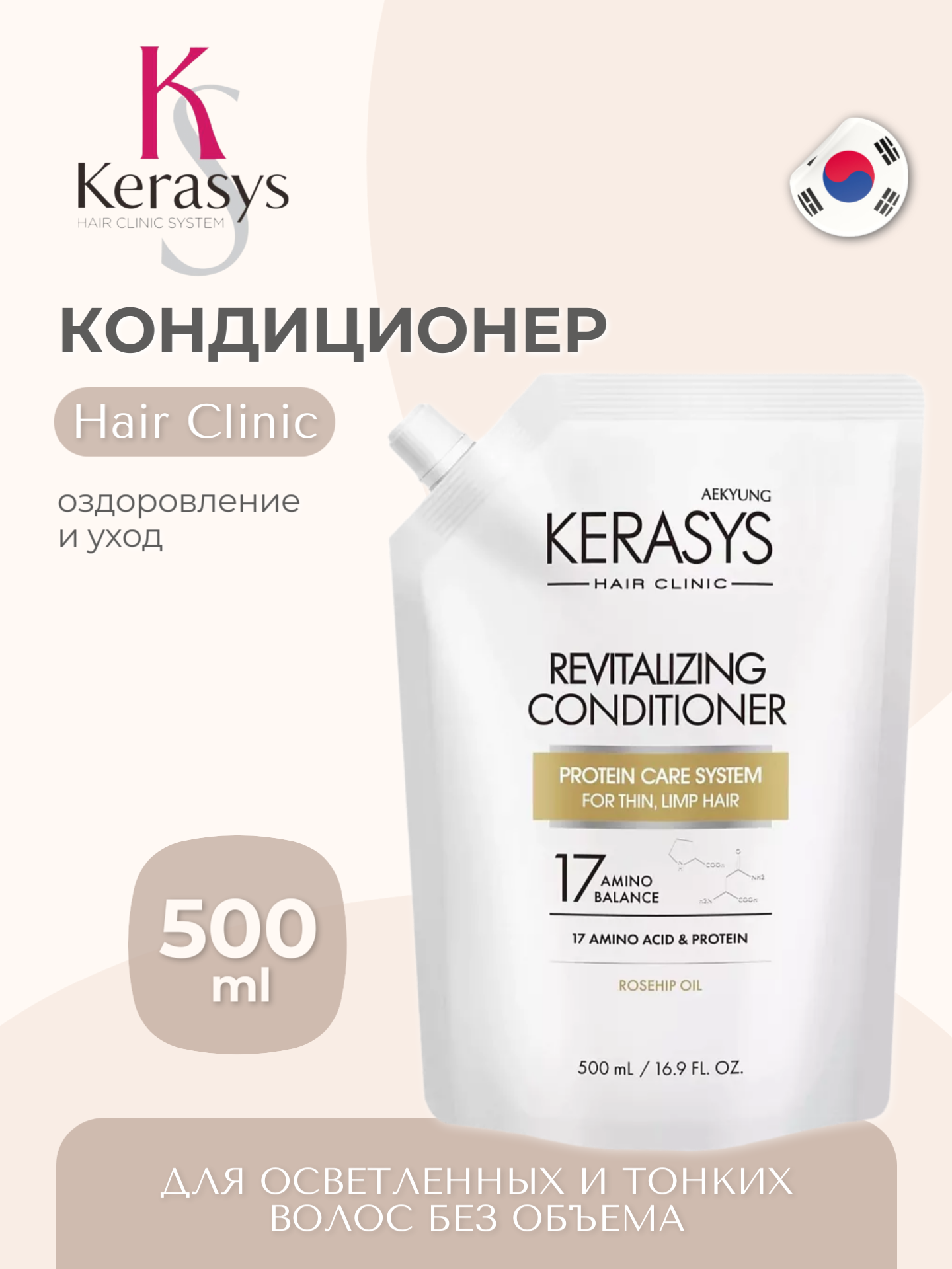 Кондиционер Hair Clinic Оздоровление KeraSys, для тонких и ослабленных волос, 500 мл