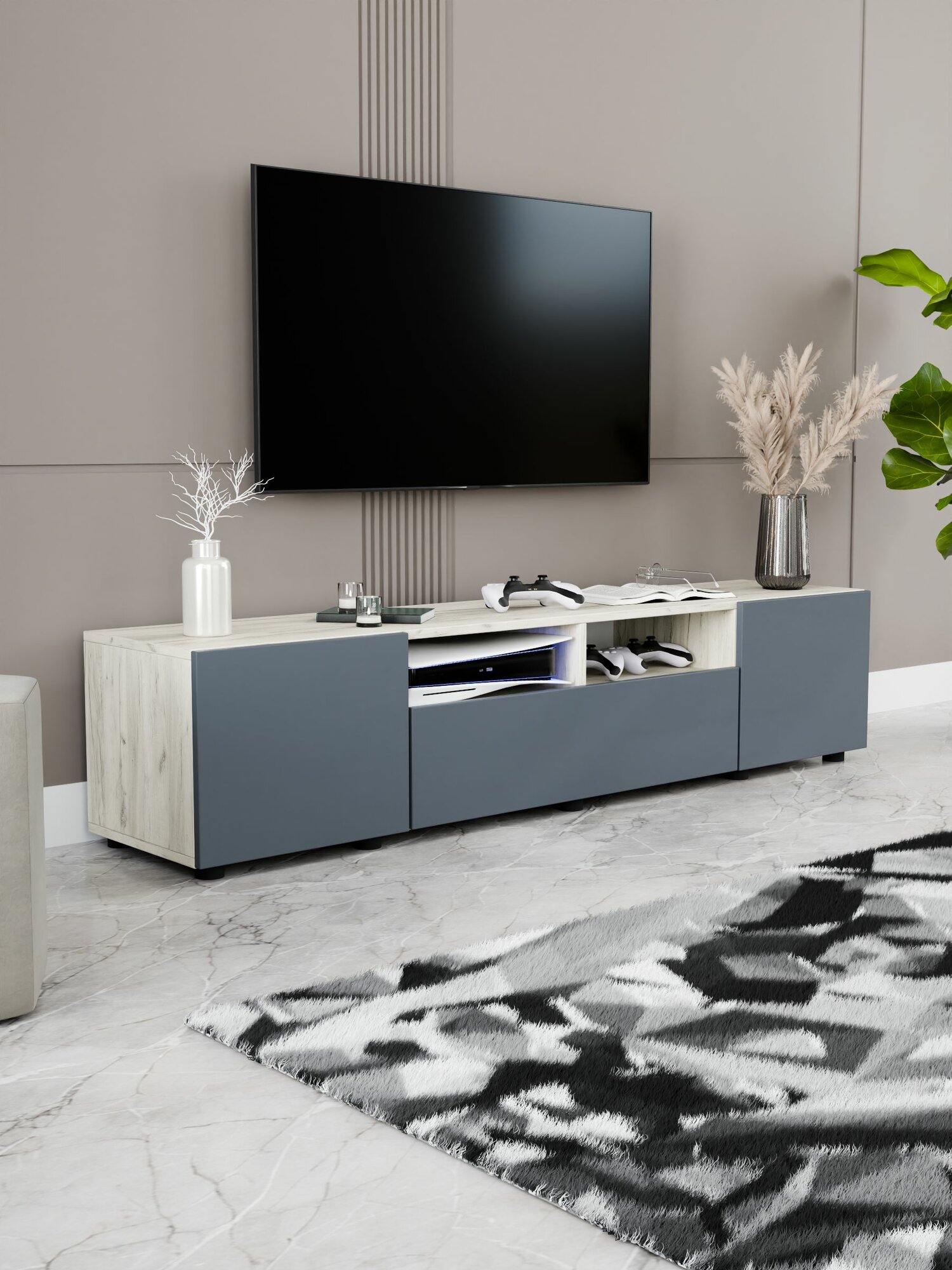 Тумба под телевизор горизонт 160х37.8х36.3 см, дуб крафт белый-графит