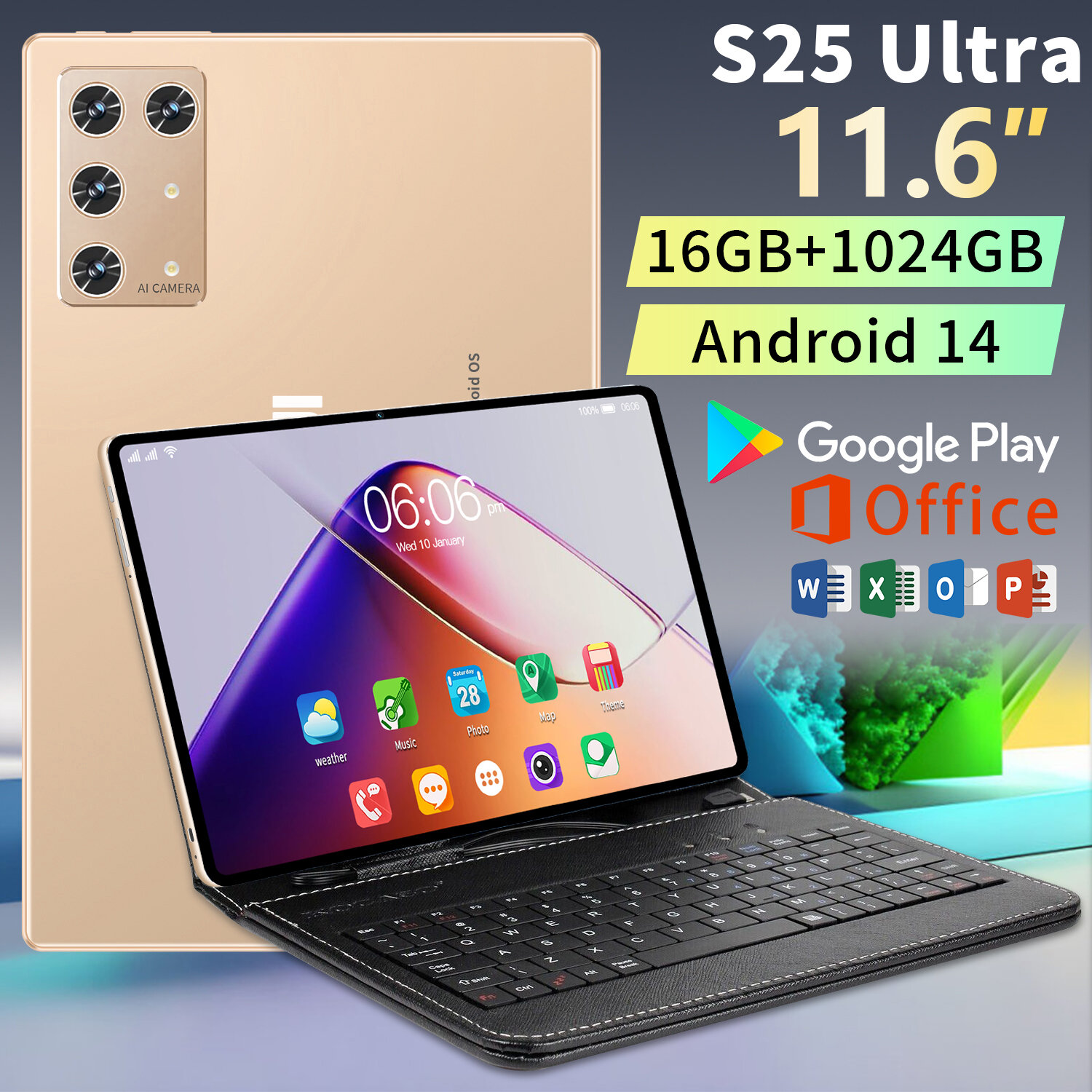 Игровой планшетS25 Ultra, Android, 11.6", 16ГБ+1ТБ, ударопрочный, влагозащищённый, золотистый