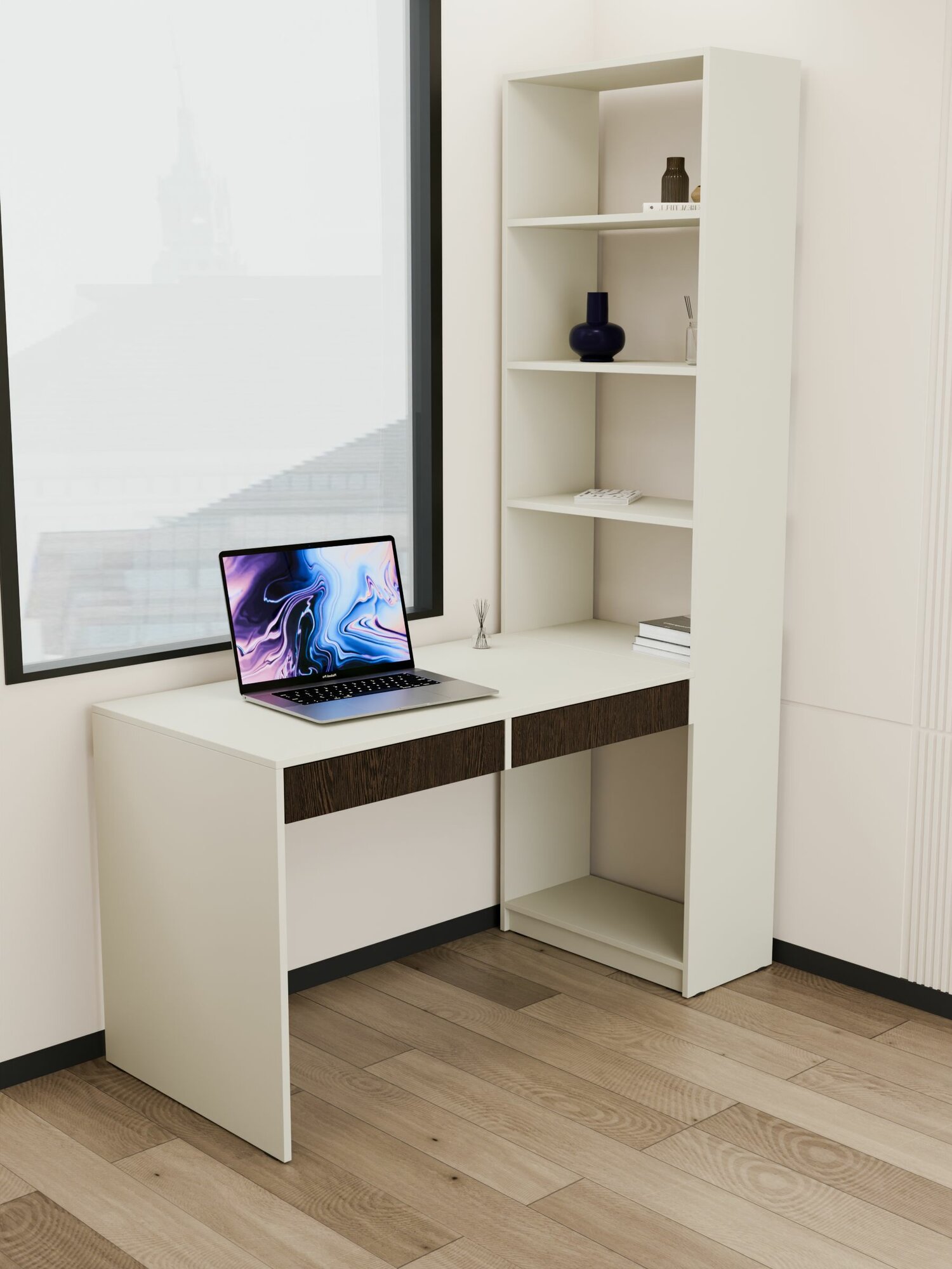 Изумлит Стол-стеллаж письменный угловой для учебы и работы Джокер, стеллаж справа 200х59.2х140 см, бежевый-венге