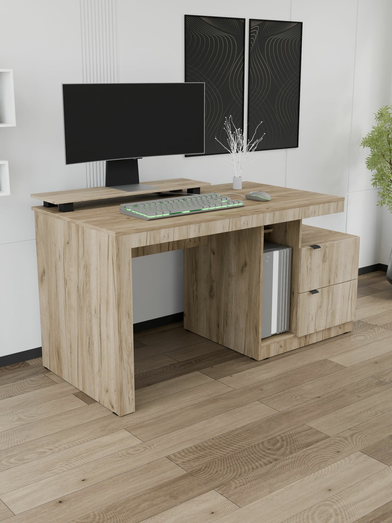 Изумлит Стол компьютерный для офиса и дома Вертикаль Лайт 162х80х74.5 см, тумба справа, дуб крафт серый