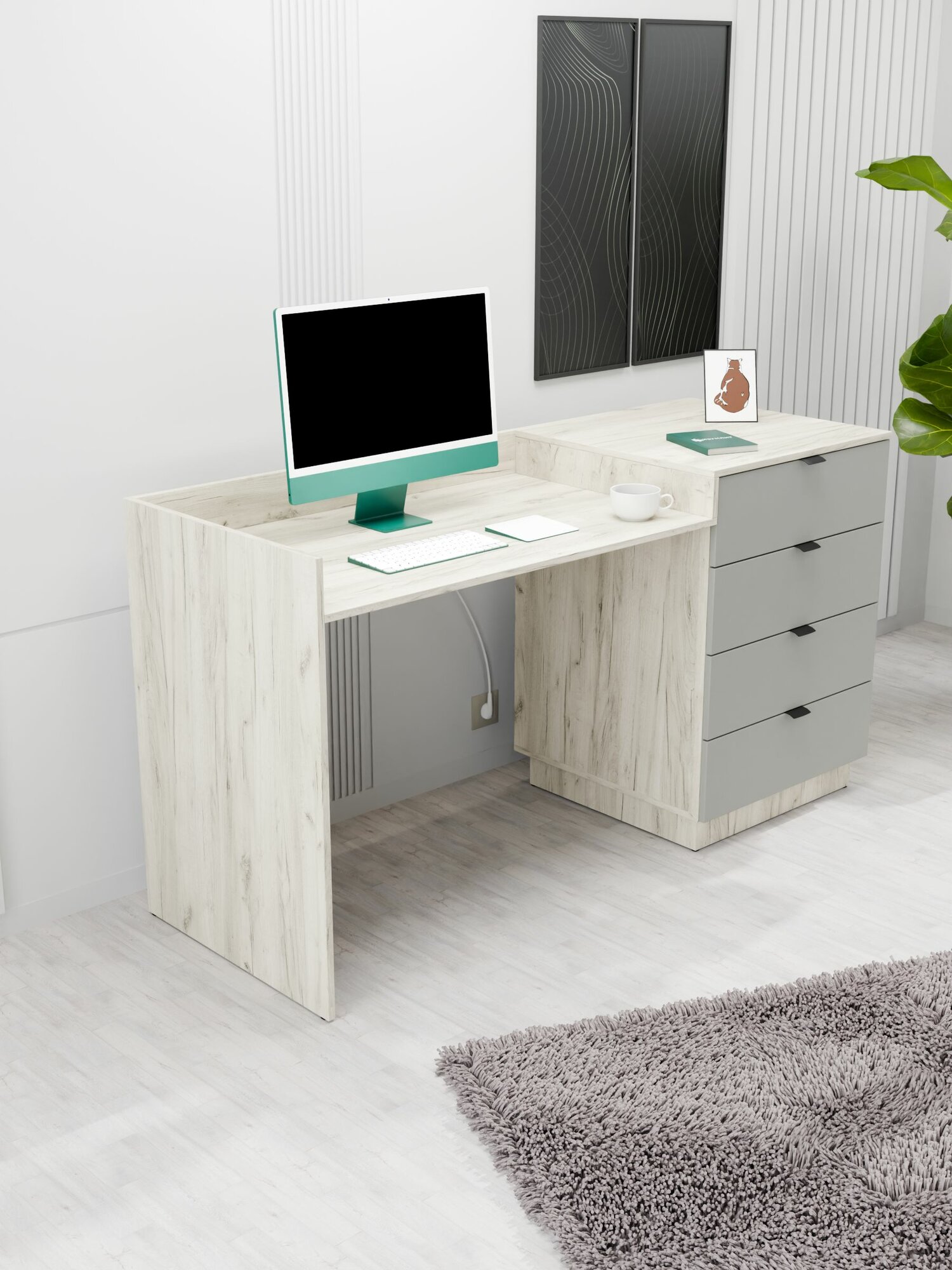 Изумлит Стол письменный для офиса и дома Бридж 163.2х86.6х60 см, дуб крафт белый - шиншилла серая