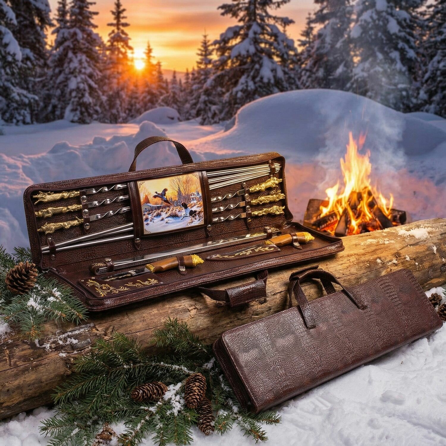 Набор дорожный шашлычный в сумке-кейсе из искусственной кожи (на 6 персон) 225ИИ6