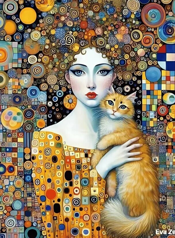 Картина на холсте "Богемный стиль Климта, женщина с котом" PF 31363, 40x50cm no frame