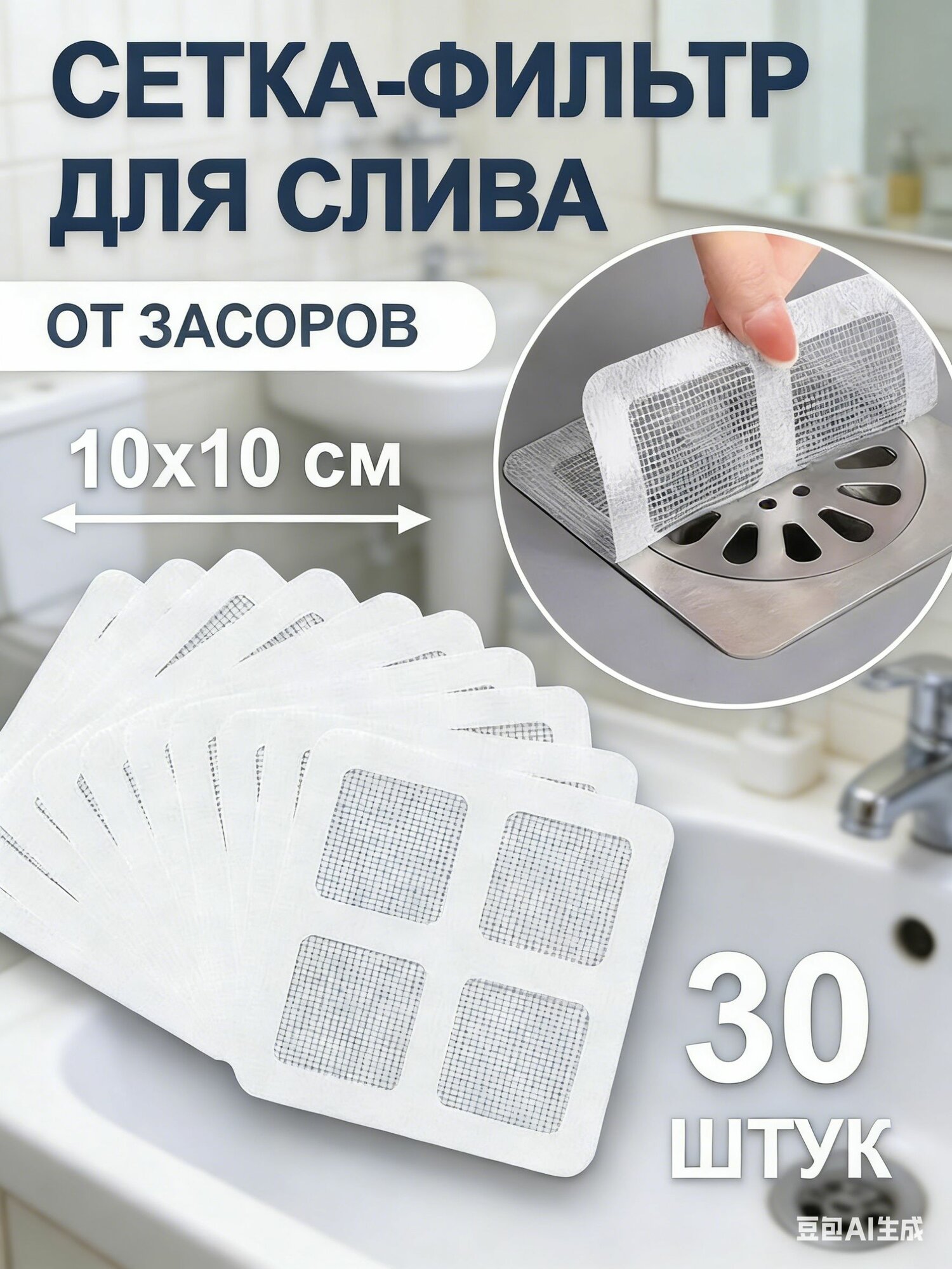 Фильтр для слива в ванной 10х10 см, 30 шт, сетка для ванны от волос / сетка для раковины для кухни / сеточка для раковины, для душевой кабины