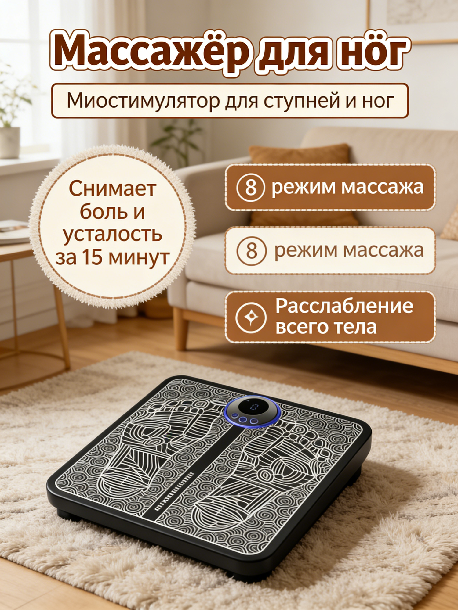 Массажный коврик миостимулятор для ног электрический, акупунктурный массажер для стоп