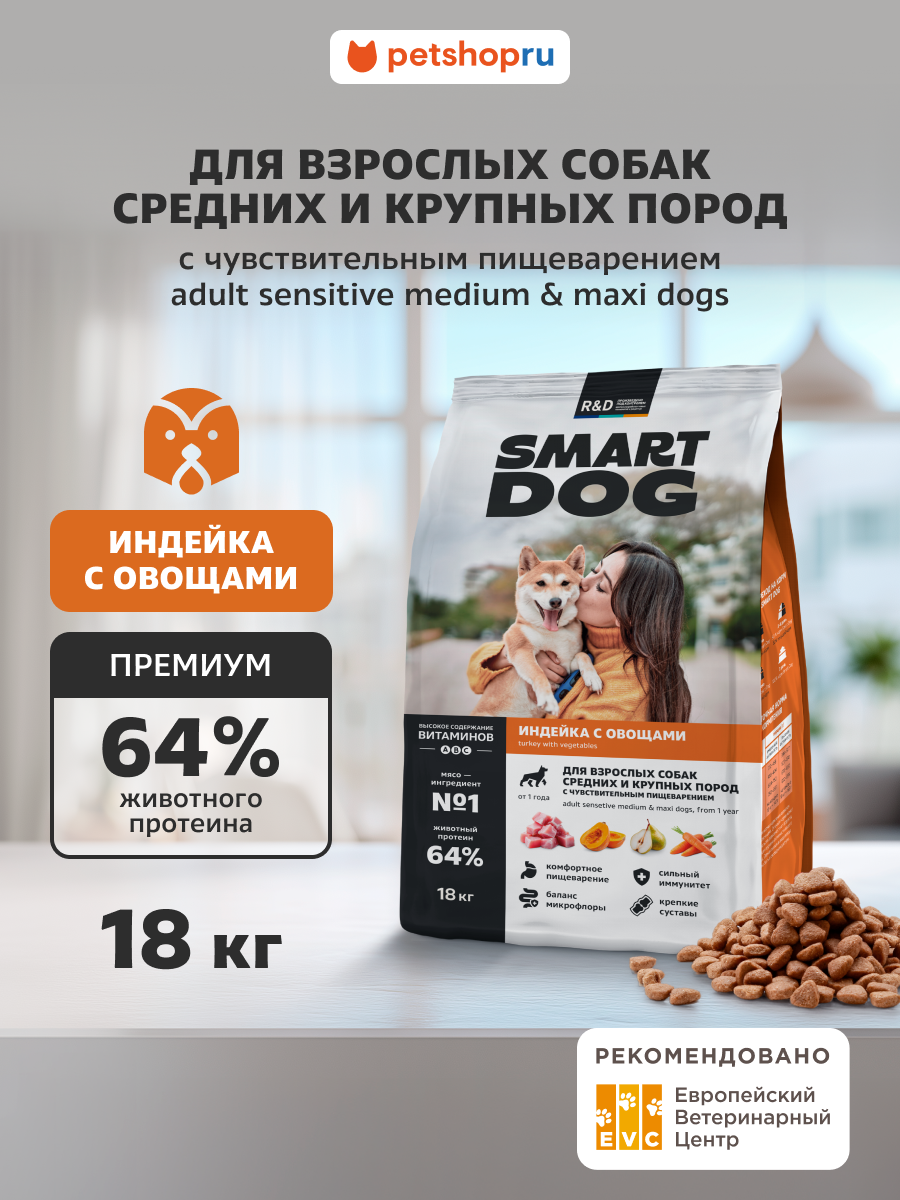 Smart Dog Для взрослых собак средних и крупных пород с чувствительным пищеварением с индейкой sensitive adult medium&maxi, turkey, 18 кг