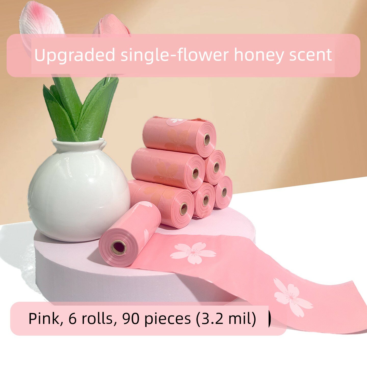6 рулонов розовых биоразлагаемых прочных пакетов для собачьего туалета, 90 одноразовых с ароматом меда