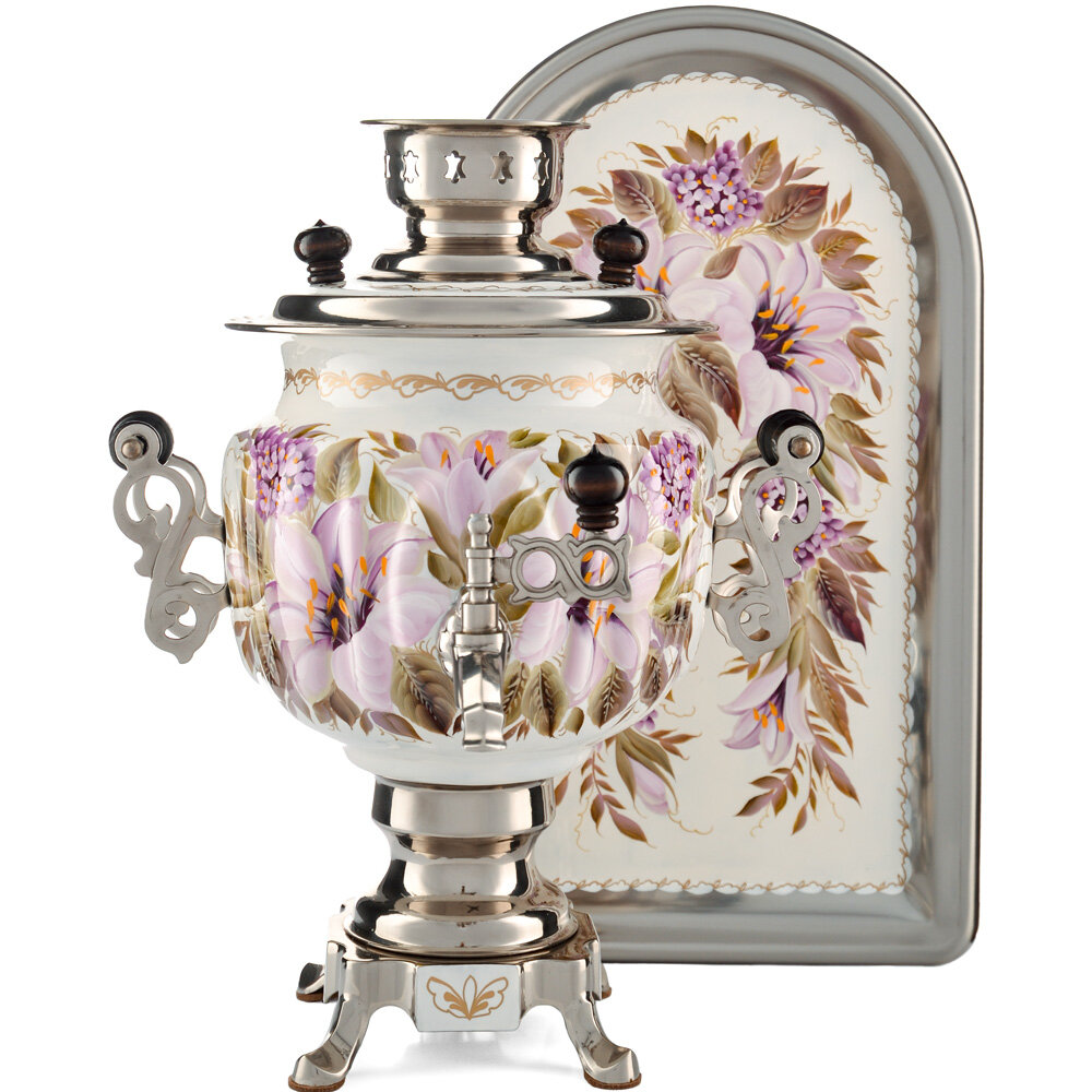 Самовар электрический 3 литра с худ. росписью «Лилии на белом в серебре» с подносом, формы «Овал»