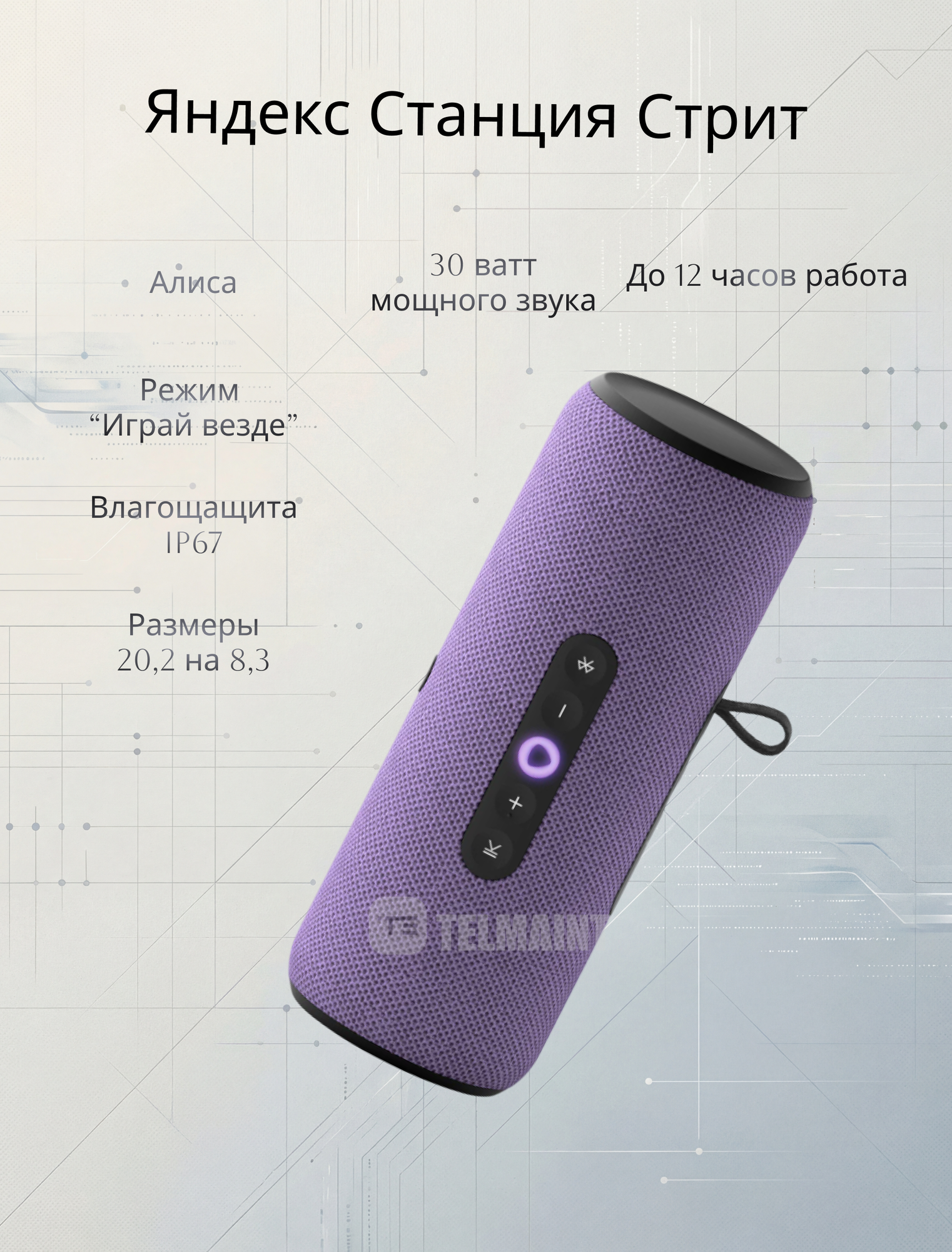 Умная беспроводная колонка Яндекс Станция Стрит с Алисой, фиолетовый, 30 В