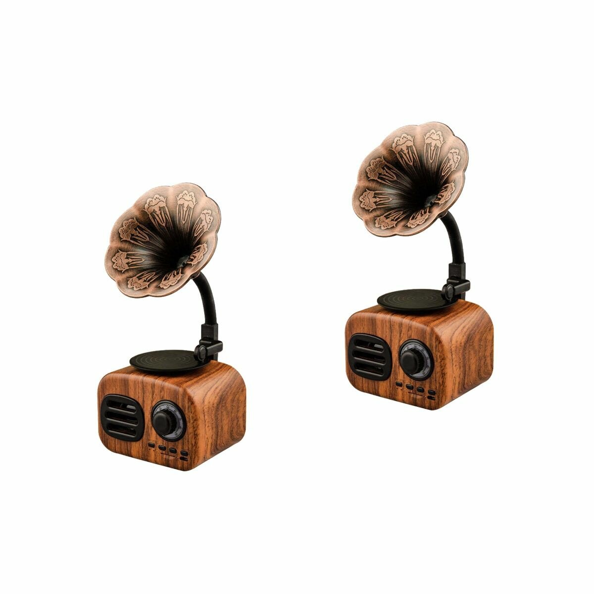 Стереоколонки мини в виде граммофонов коричневого цвета для домашнего прослушивания музыки