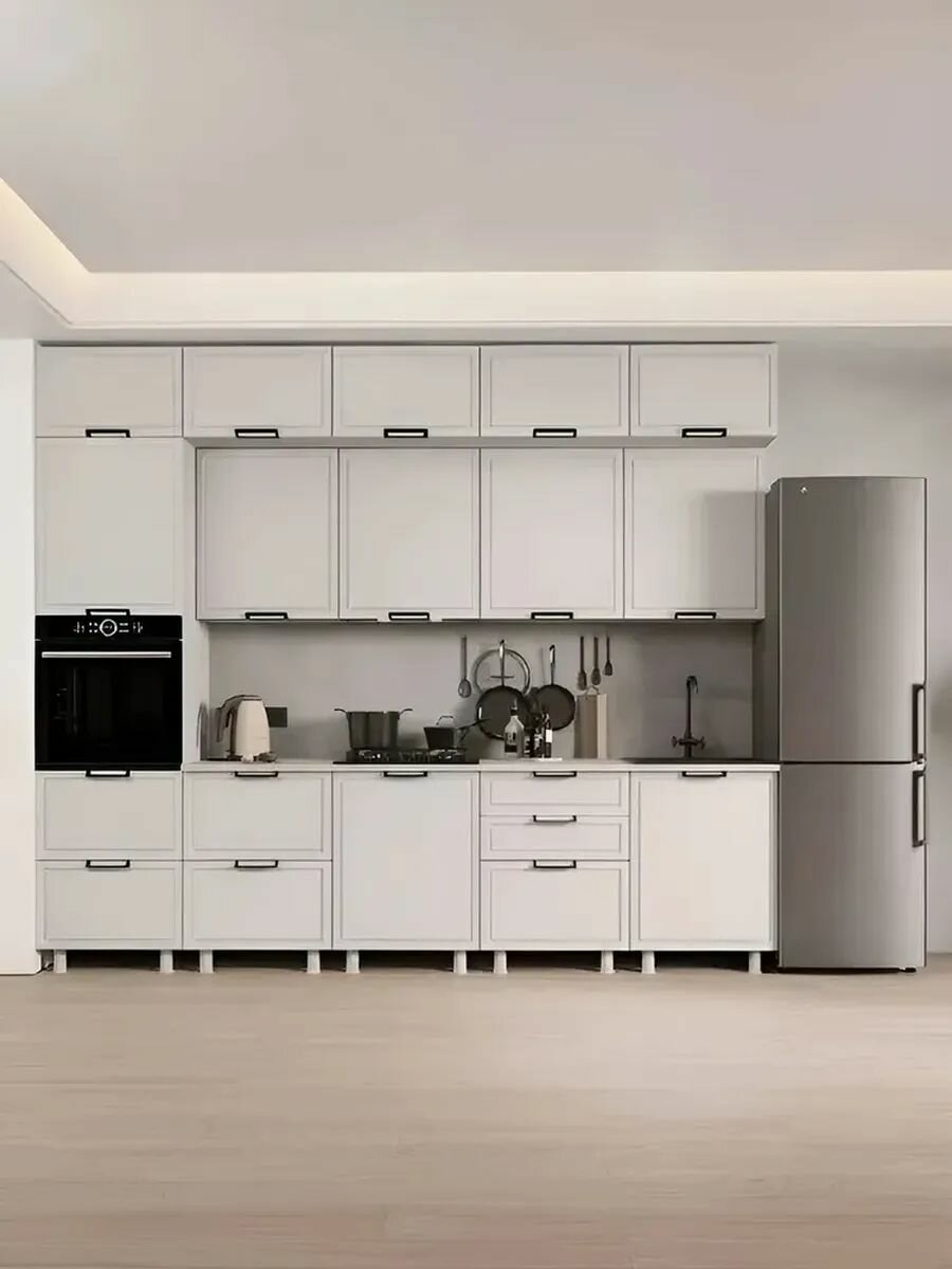 Кухонный гарнитур Квадро МДФ 3м белый снег/белый со столешницей и антресолью лев.