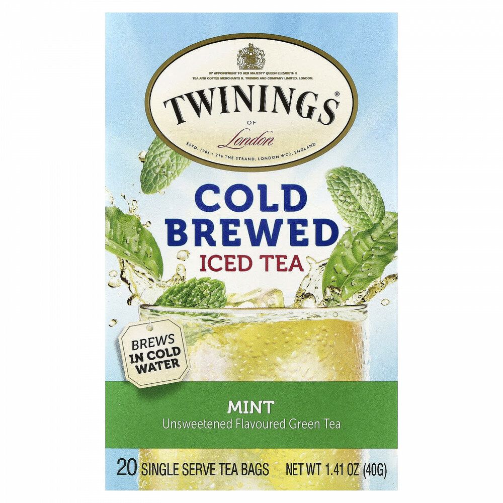 Twinings, холодный холодный чай, зеленый чай с мятой, несладкий, 20 порционных чайных пакетиков, 40 г (1,41 унции)