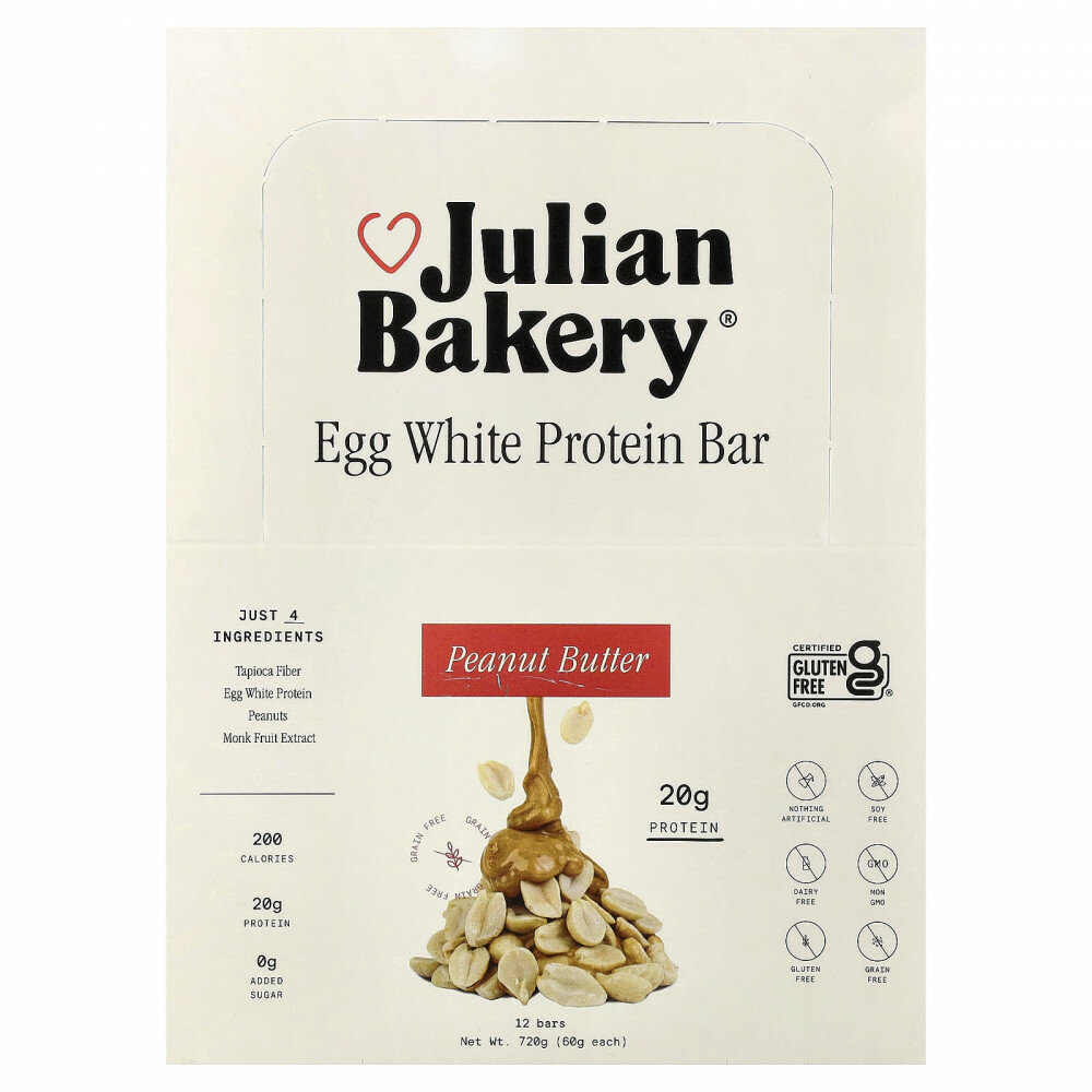 Julian Bakery, протеиновый батончик из яичного белка, арахисовая паста, 12 батончиков по 60 г (2,1 унции)