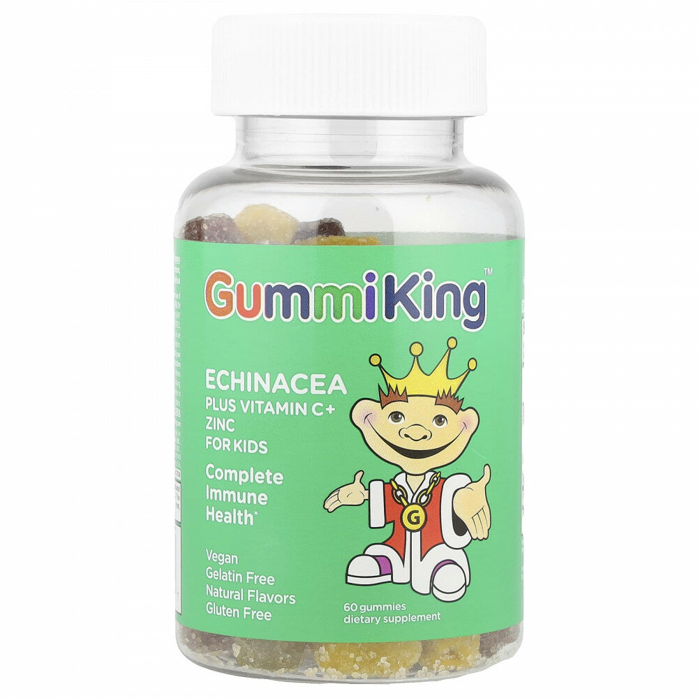 GummiKing, эхинацея, витамин C и цинк для детей, вкус клубники, апельсина, лимона, винограда, вишни и грейпфрута, 60 жевательных таблеток