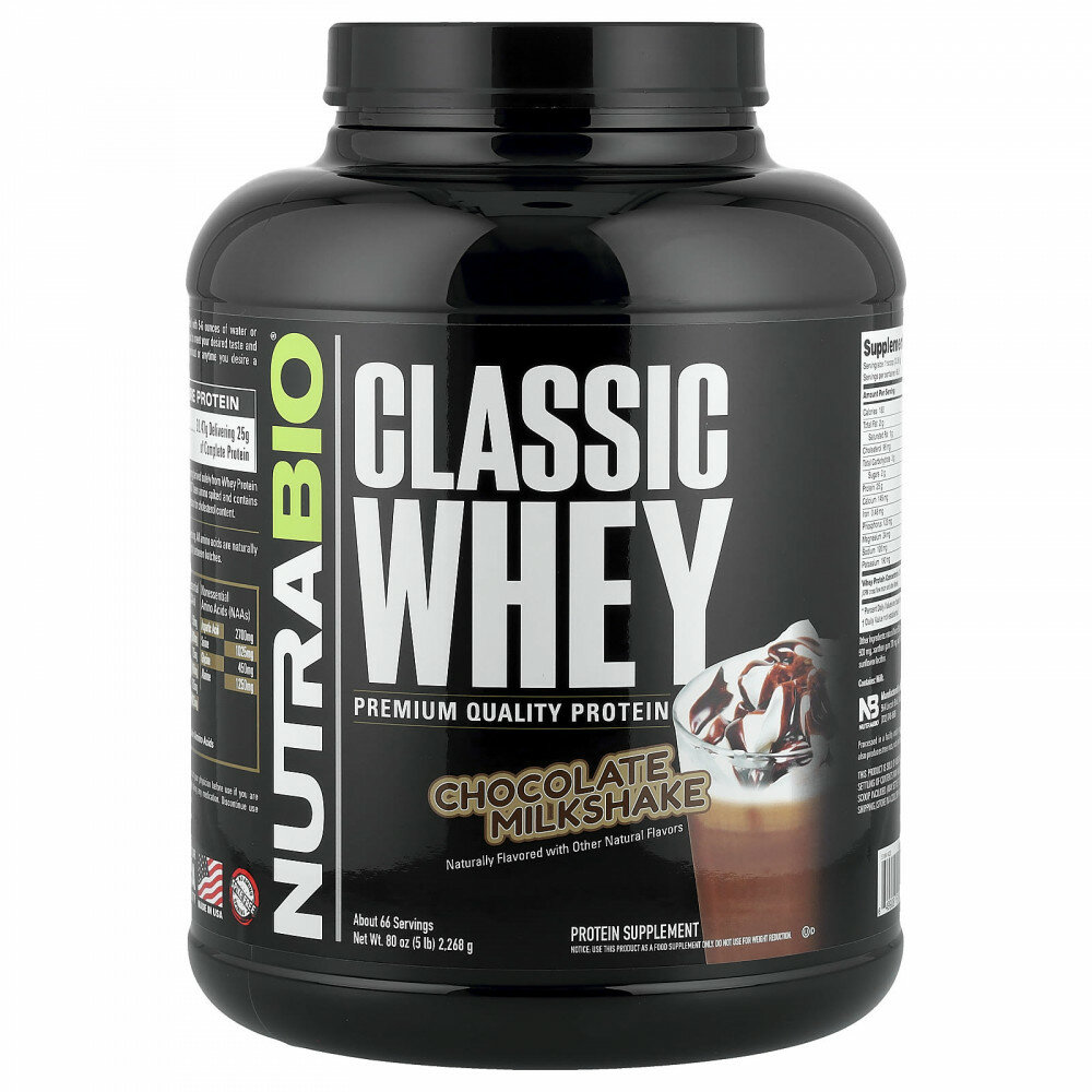 NutraBio, Classic Whey Protein, шоколадный молочный коктейль, 2268 г (5 фунтов)