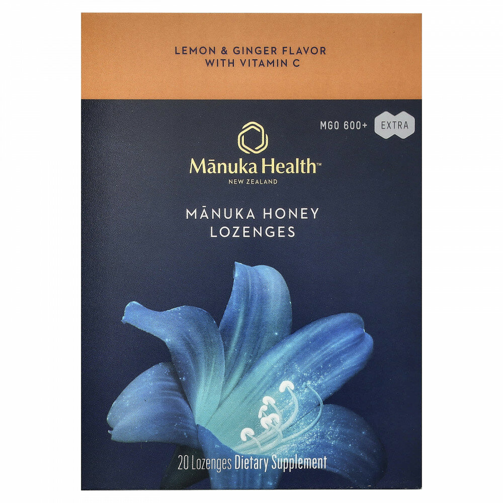 Manuka Health, леденцы с медом манука, лимон и имбирь, MGO 600+, 20 леденцов