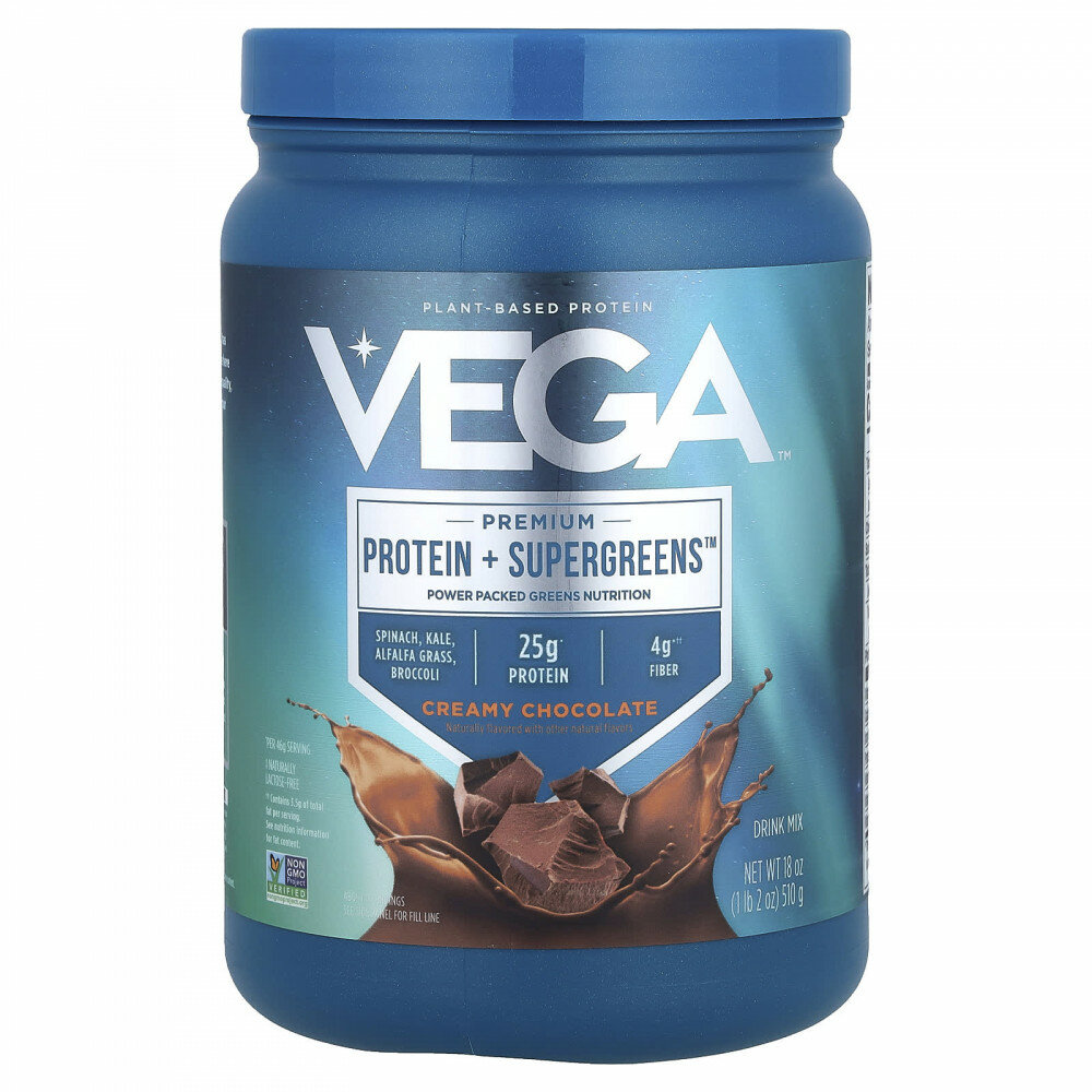 Vega, Premium, Protein + Supergreens™, протеиновая добавка с зеленью, сливочный шоколад, 510 г (1 фунт 2 унции)