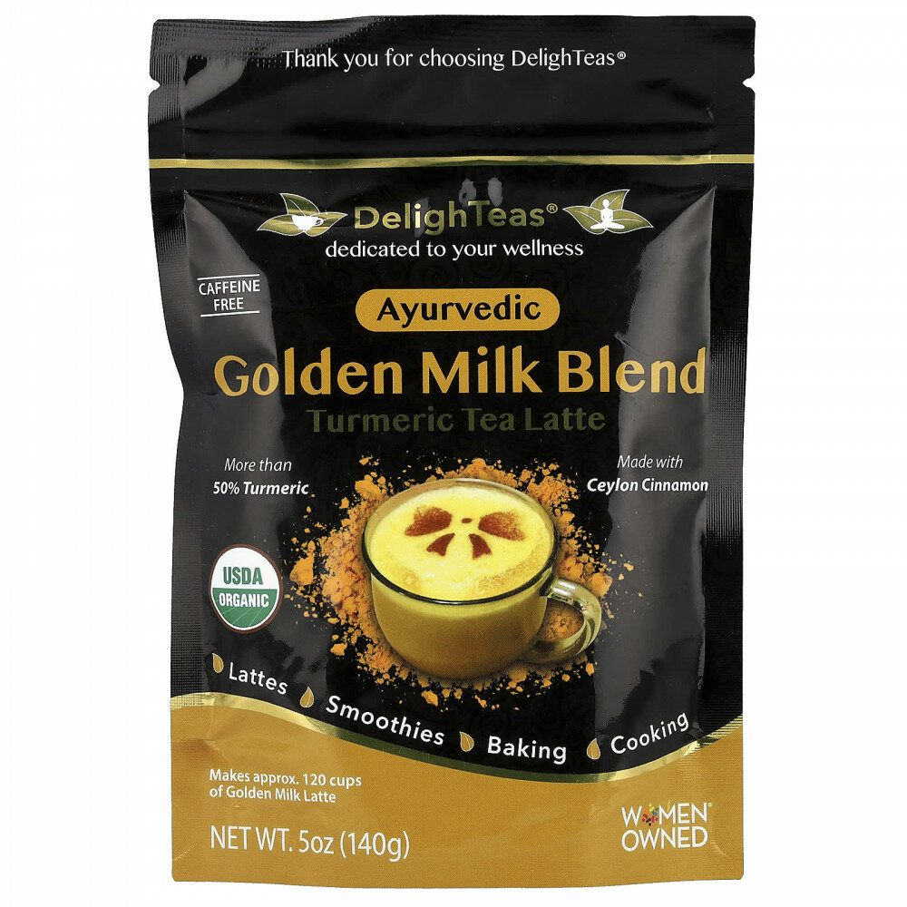DelighTeas, чай латте с куркумой, аюрведическая смесь Golden Milk, без кофеина, 140 г (5 унций)