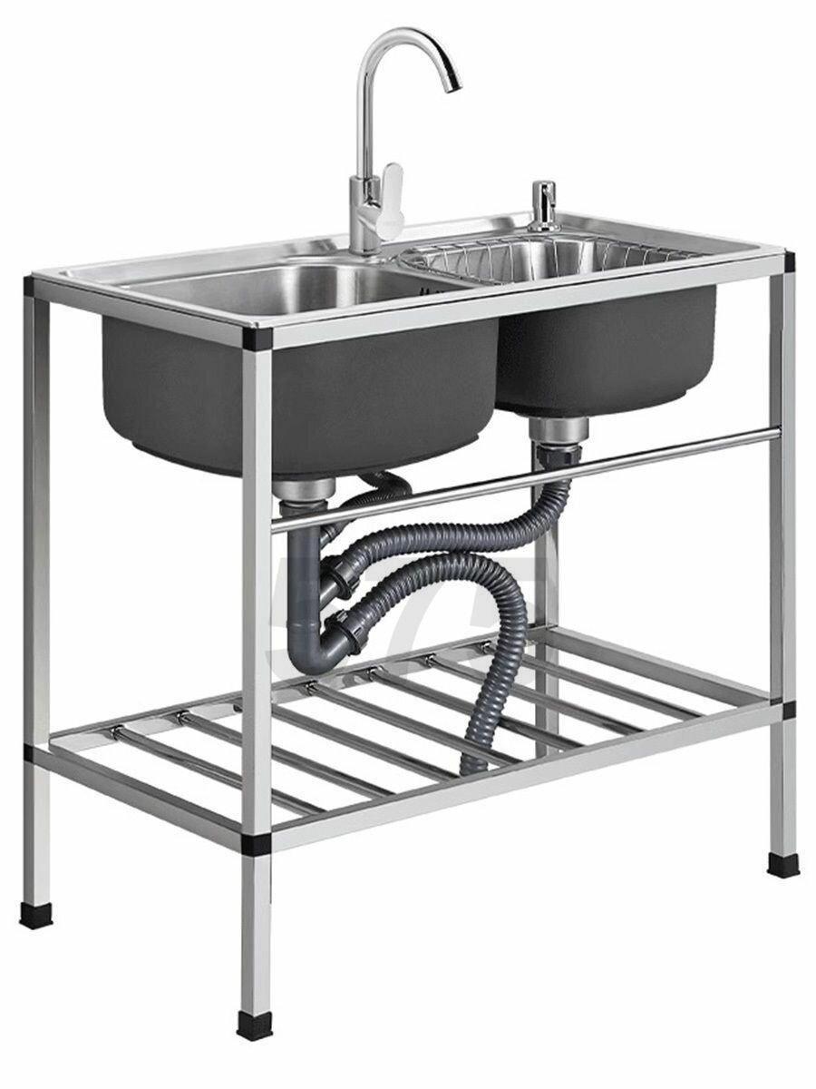 Кухонная мойка, двойная чаша из нержавеющей стали краном для горячей и холодной воды, Высота: 75см